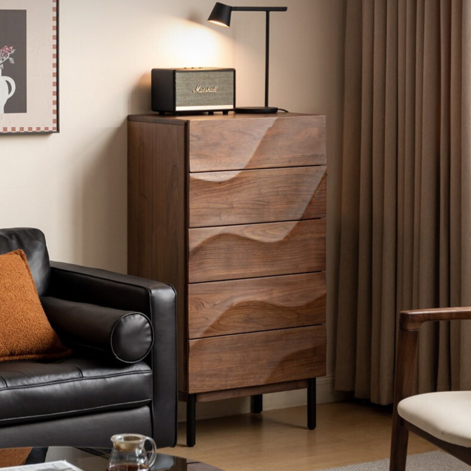 Solid Wood Cabinet Italian Light Luxury Black Walnut Wave Cabinet Bed End Storage Cabinet ...