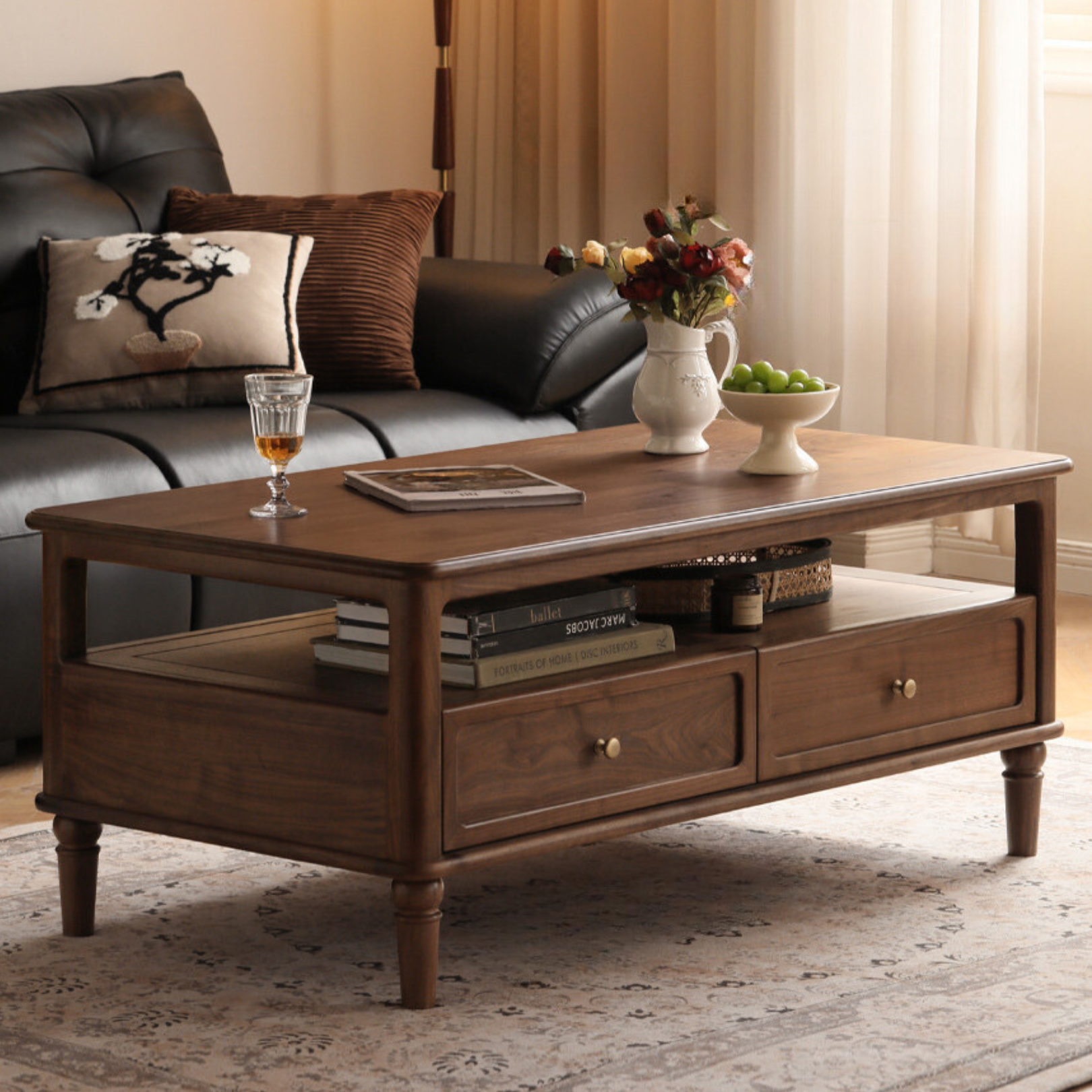 Solid Wood Coffee Table American Retro Tea Table Black Walnut Tea Table Living Room Second Hand Storage Locker 47.2x25.5x19.6 inch 120x65x50cm