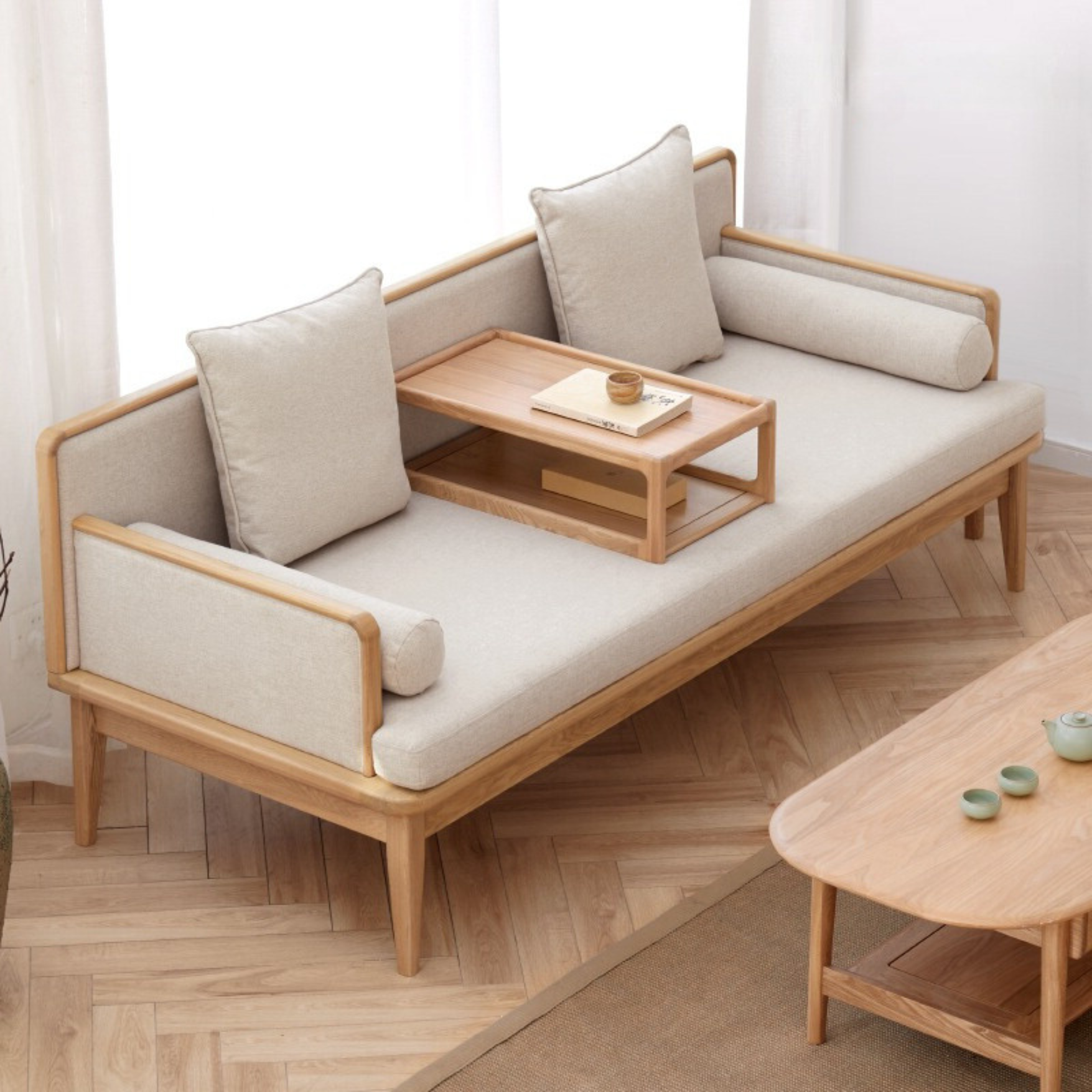 pure solid wood sofa simple small apartment ash living room furniture new Chinese style multifunctional Luohan bed