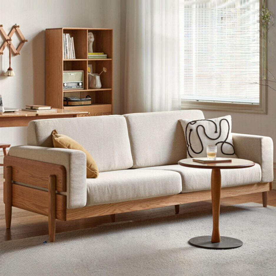 Solid Wood Sofa Modern Simple Oak Three Seat Sofa Small Family Living Room Household Fabric Sofa