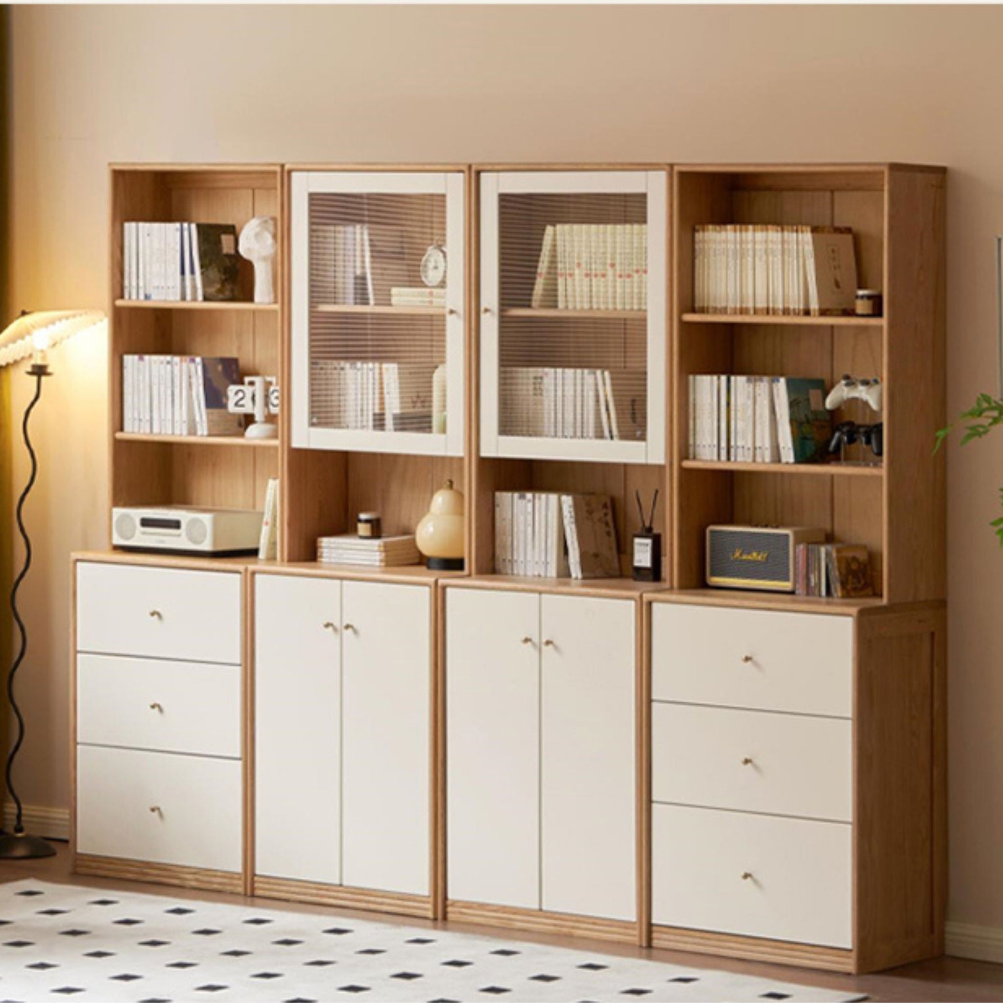 Solid Wood Combination Bookcase Log Cream Style Wall Storage Cabinet ...