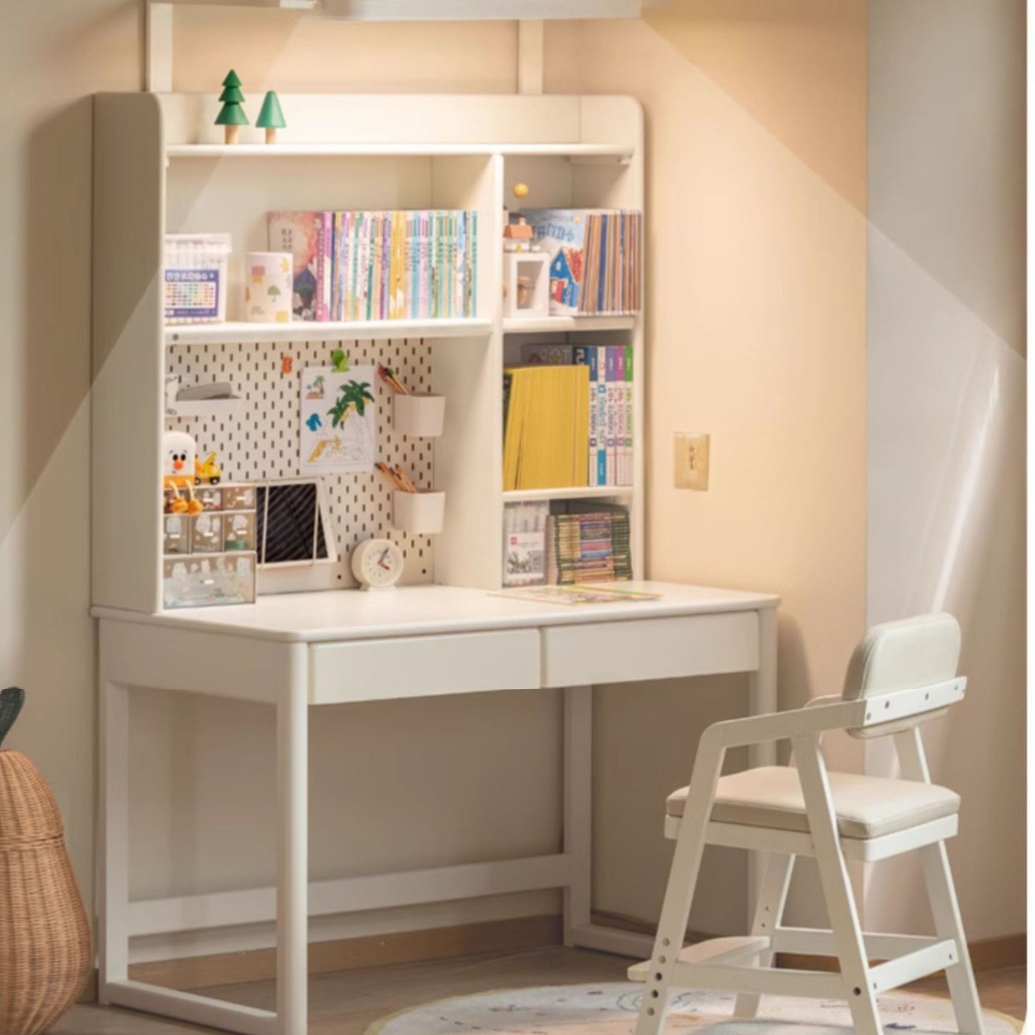 Solid Wood Children's Study Table Cream Style Desk Bookshelf Integrated ...