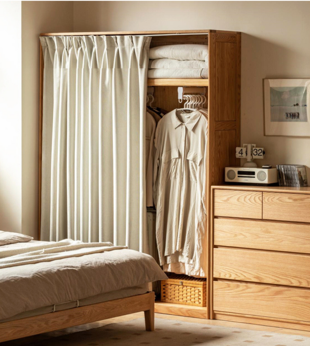 Solid Wood Wardrobe Oak Small Unit Ultra Thin Cloth Curtain Wardrobe ...