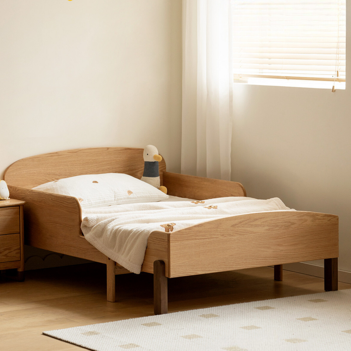Oak, Beech Solid Wood Telescopic Toddler Bed From 57 in (145 cm) to 80
