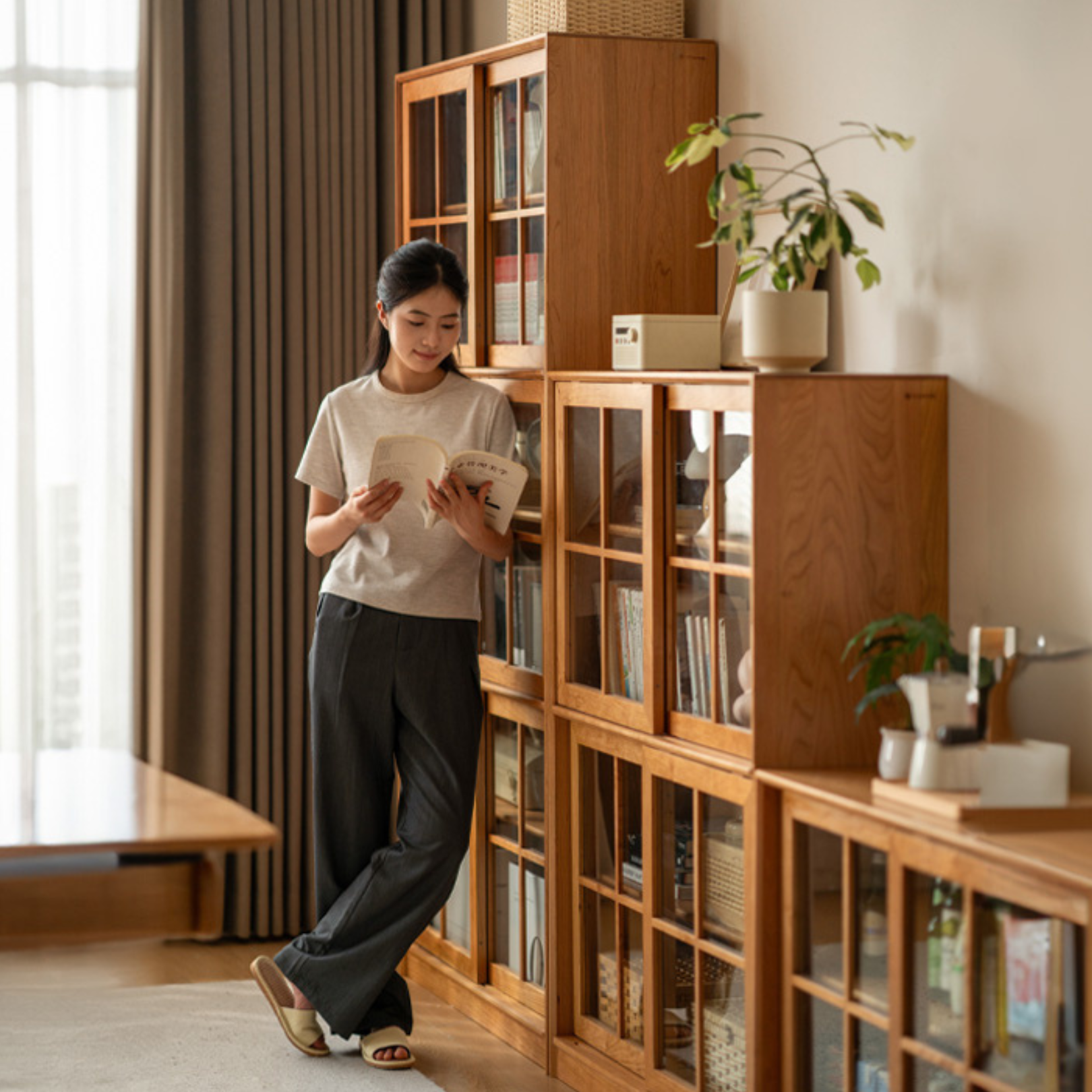 solid wood bookcase study room medieval style cherry wood glass storage ...