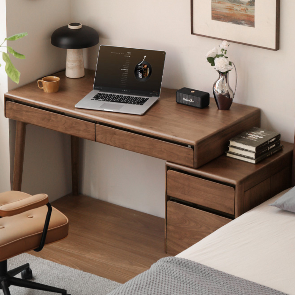 Solid wood retractable desk study cabinet integrated desk black walnut ...