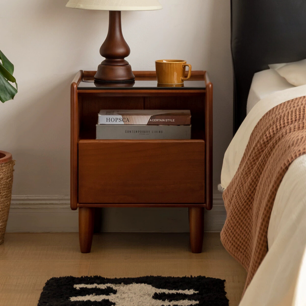 Solid Wood Bedside Table Small Size Glass Bedside Table Teak Color ...