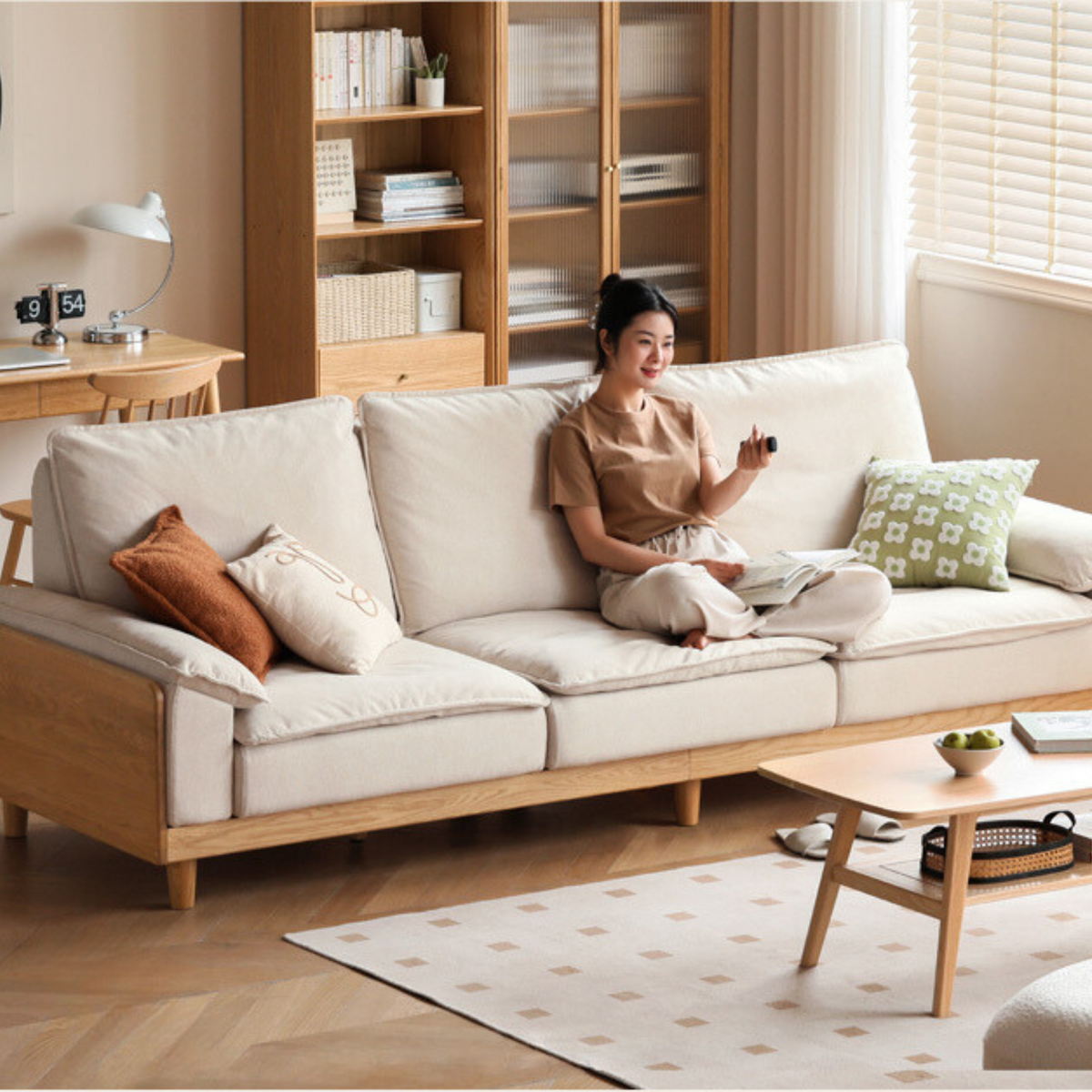 Solid Wood Sofa Small Apartment White Oak Straight Sofa Modern Simple ...