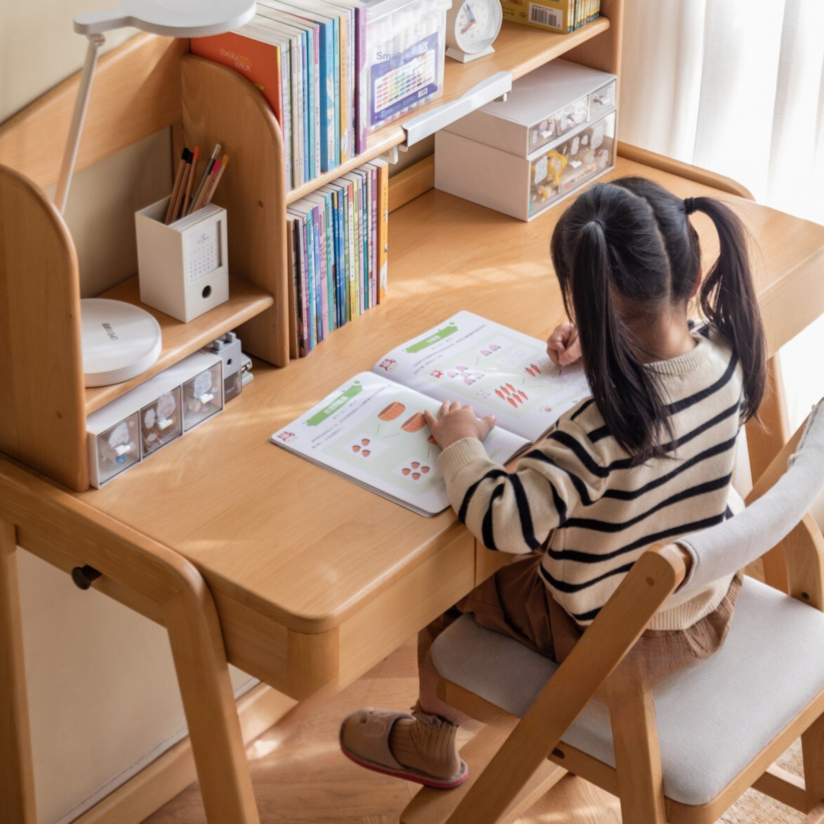 solid wood children's study table desk bookshelf integrated student ...