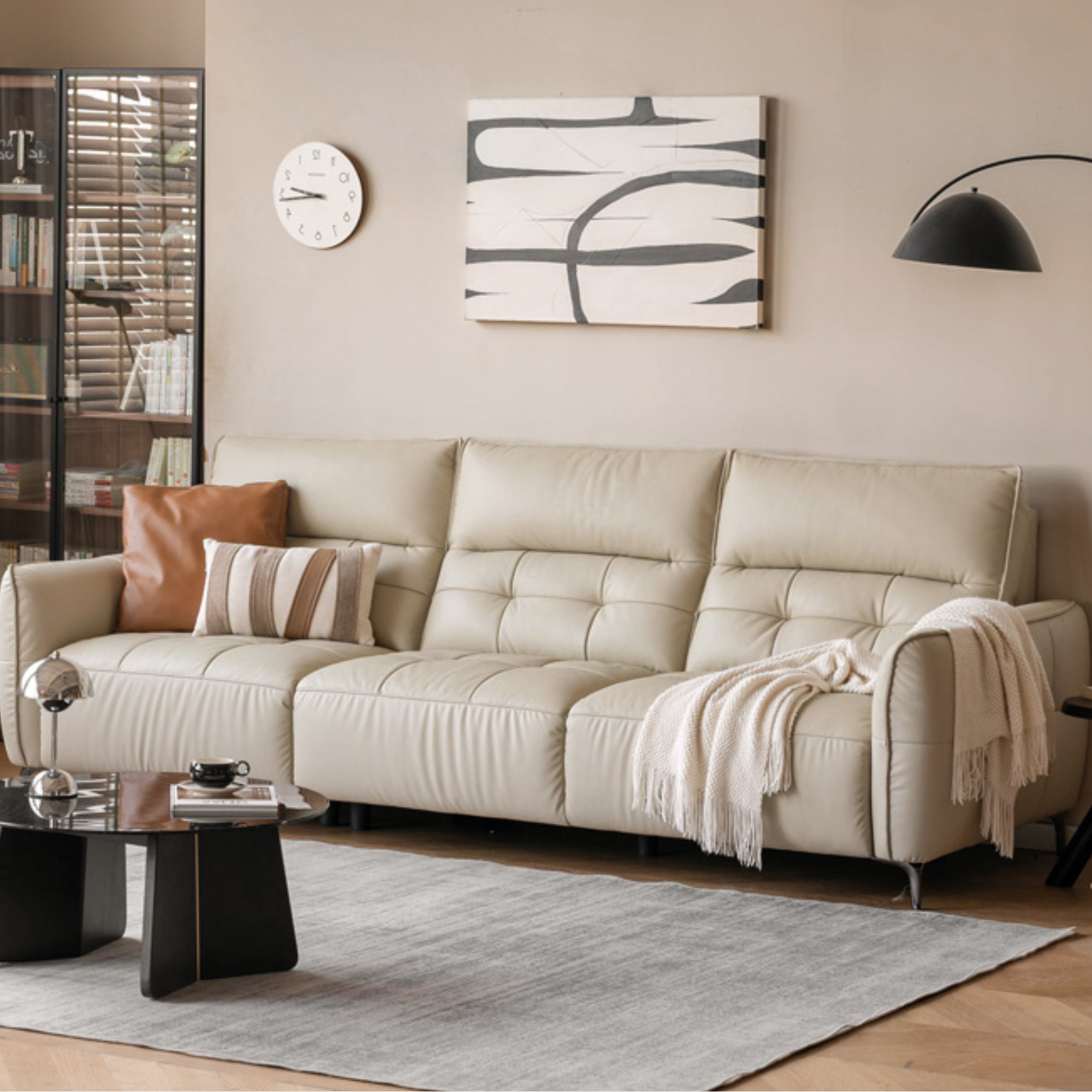 leather sofa living room white cream style straight sofa home three ...