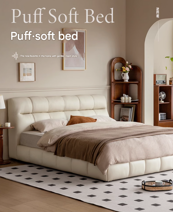leather bed modern simple master bedroom bed cream wind cloud puff bed ...