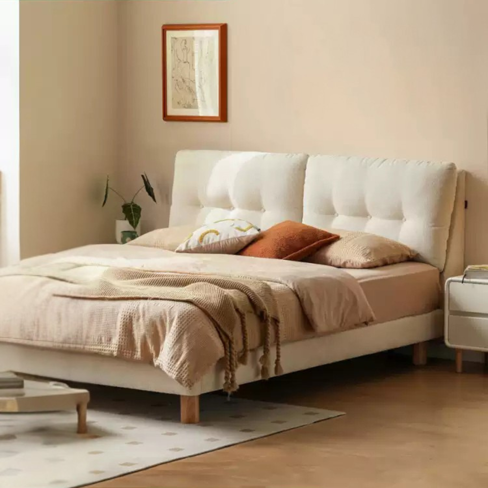 fabric bed cream style modern soft bed simple home master bedroom big ...
