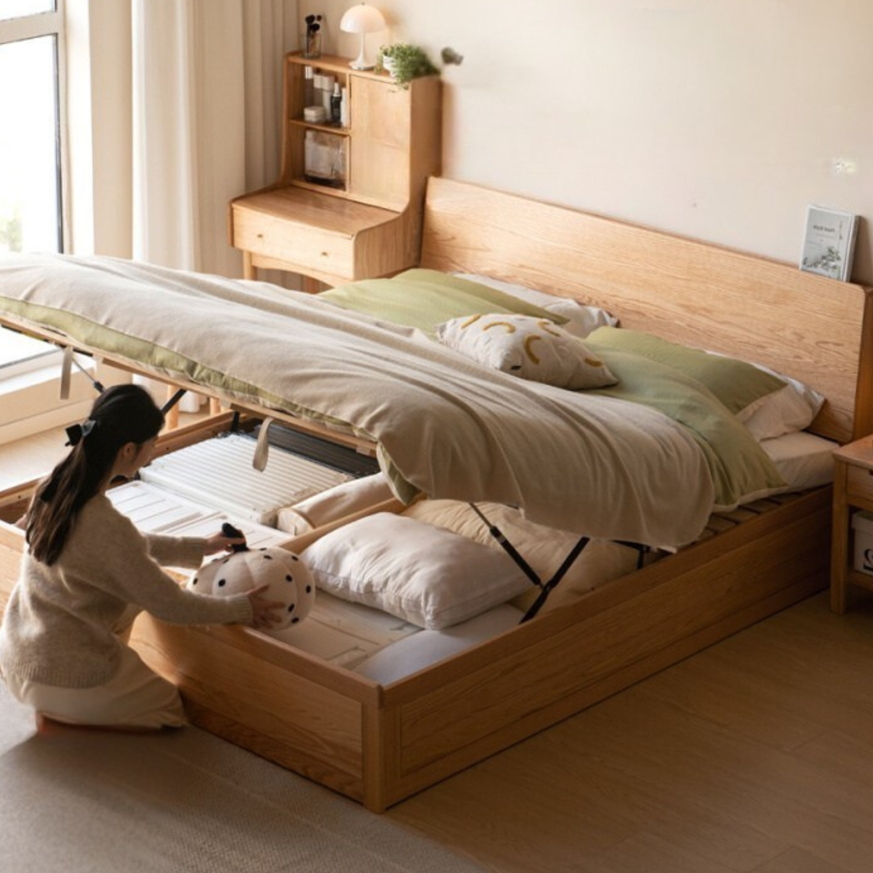solid wood double bed simple modern log style oak box bed Nordic ...