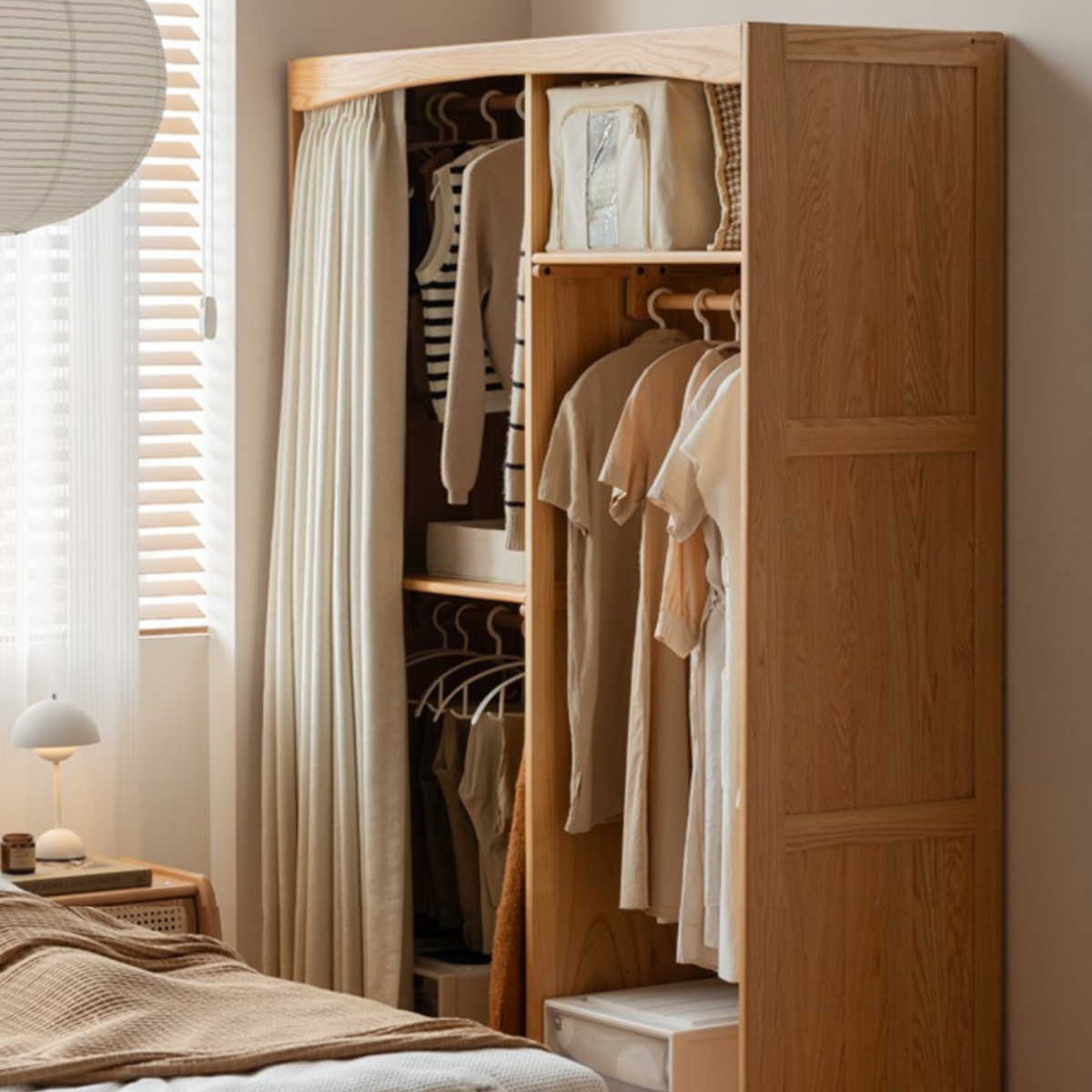 solid wood wardrobe bedroom oak simple cloth curtain wardrobe dressing ...