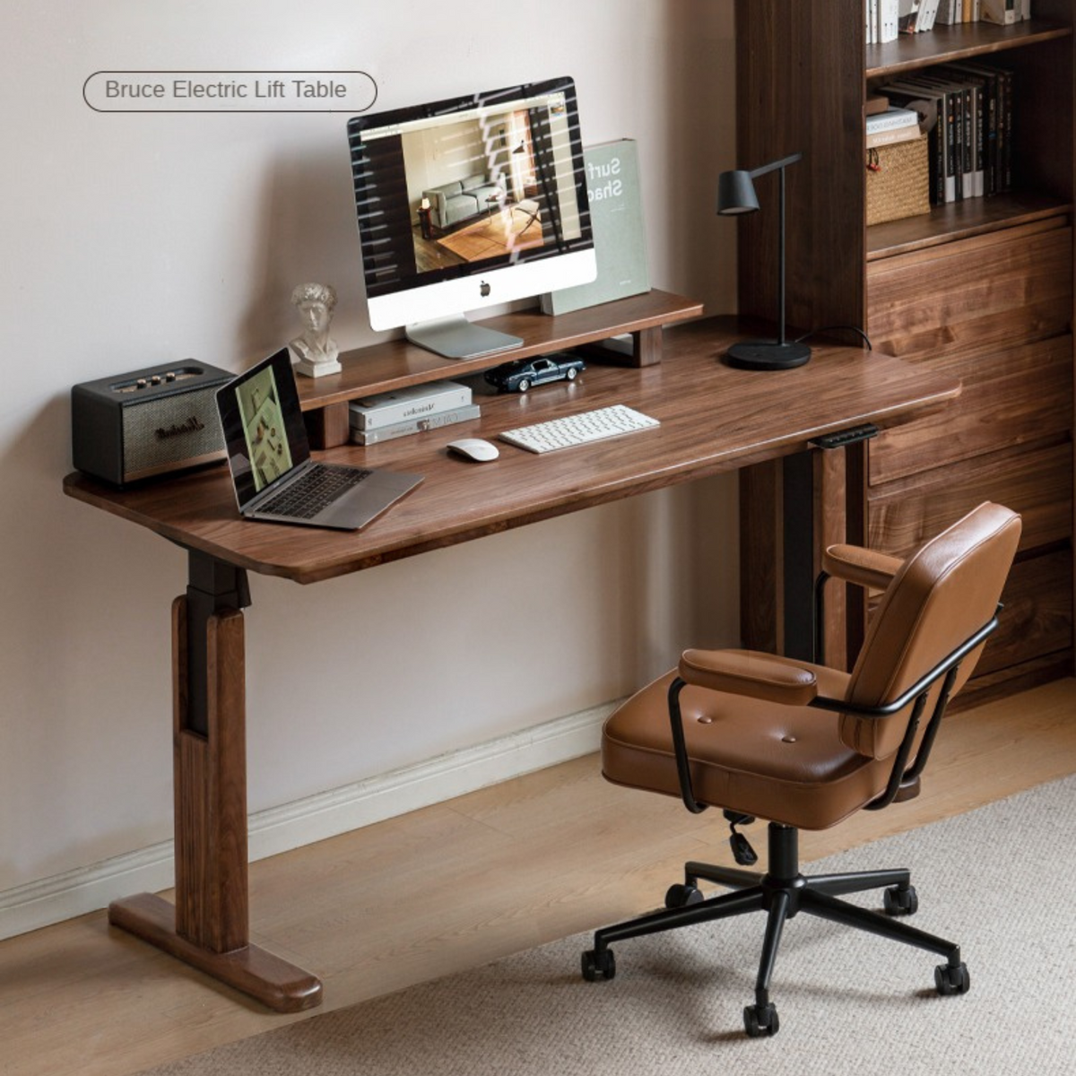 Electric Elevating Desk, Home Black Walnut Wood Office Desk, Computer ...