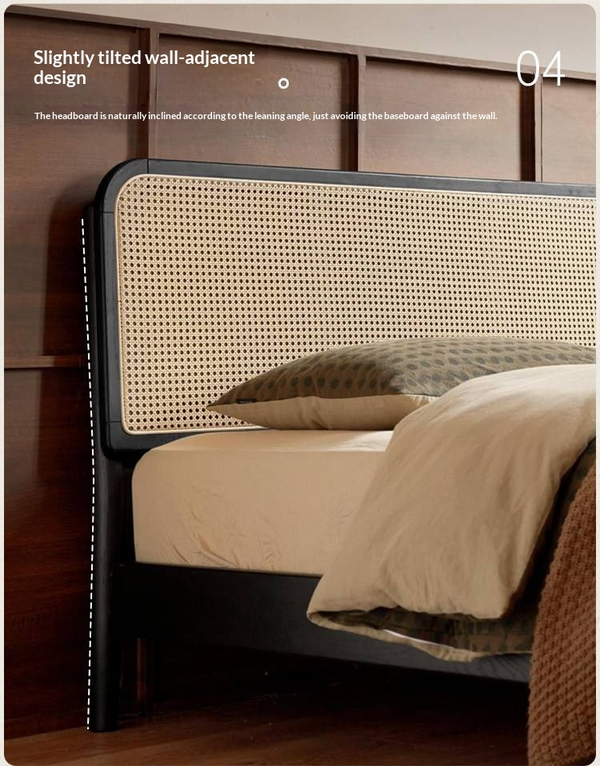 Oak Solid Wood Bed — Black Slab Rattan Vintage Style Bed