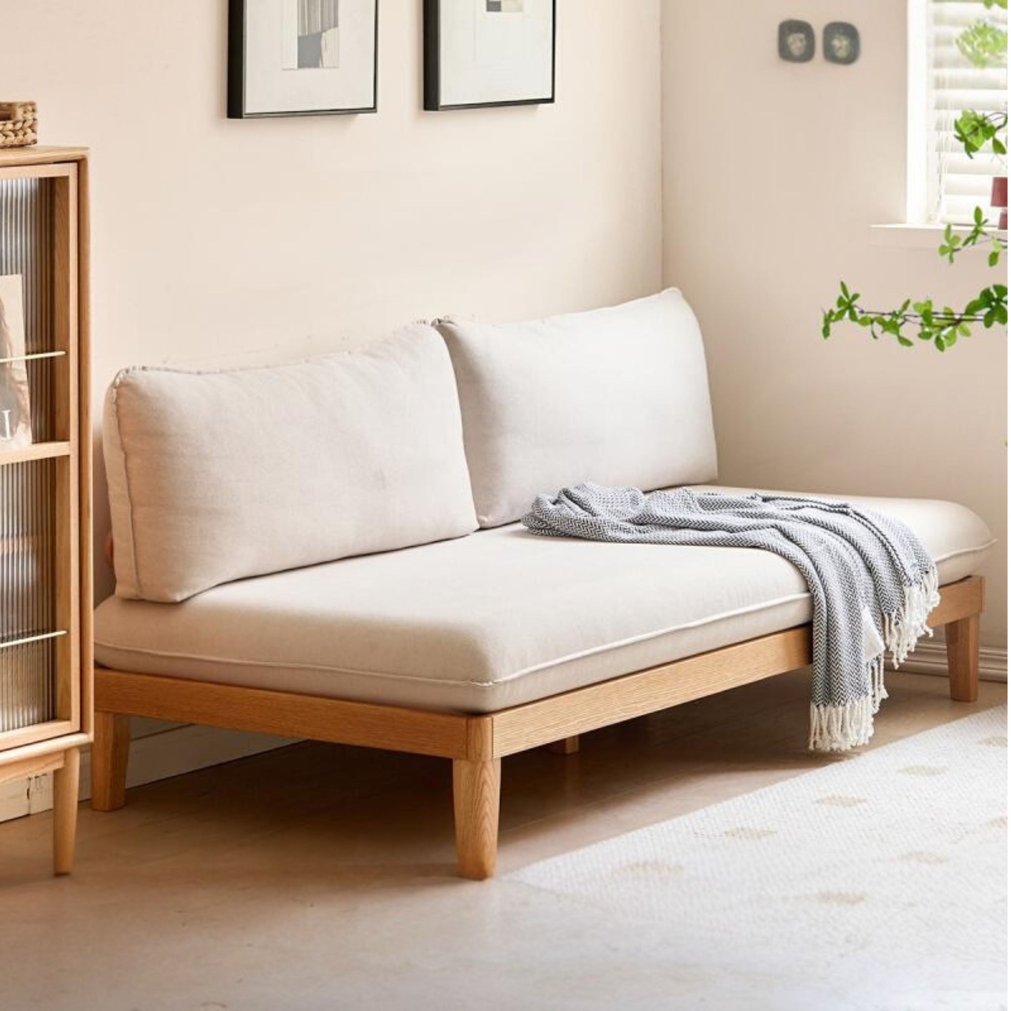 Oak Solid wood Armless Straight Fabric Sofa.