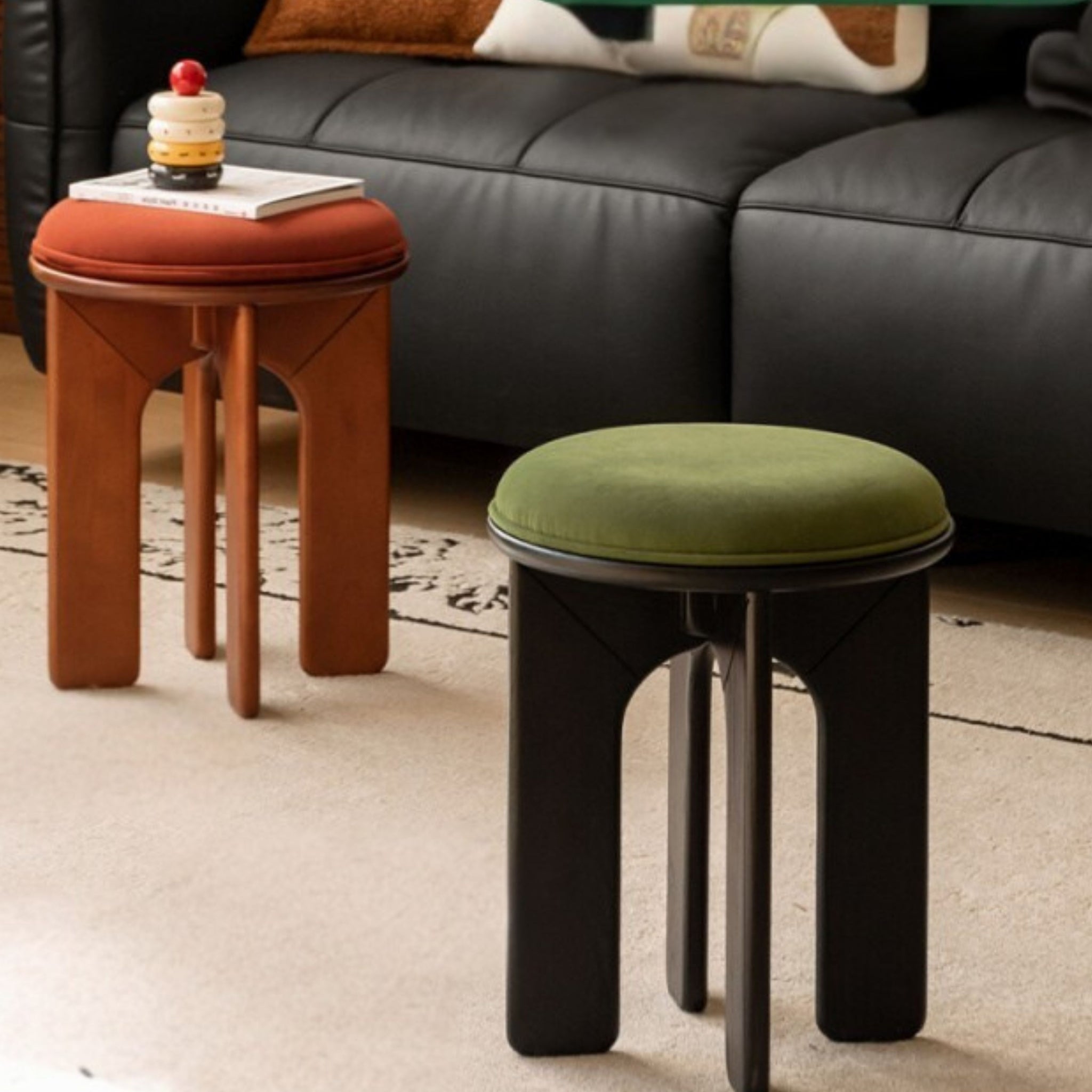 Solid Wood Round Stool Restaurant French Retro Soft Stool Oak Black ...