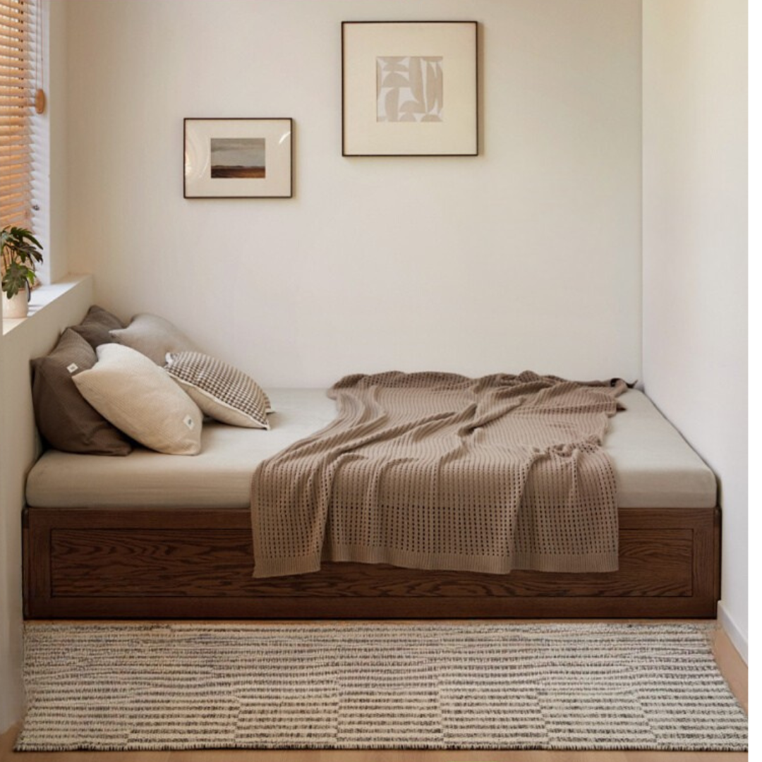 Oak, Rubberwood Solid Wood Platform Box Bed, Headboard-Free Bed Modern