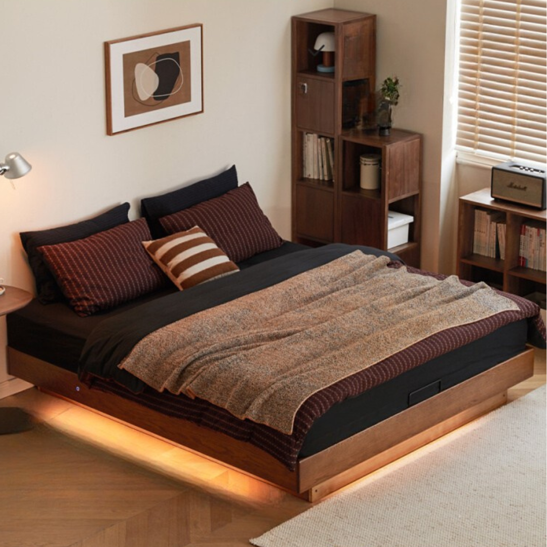 Oak Solid Wood Floating Platform Box Bed, Headboard-Free Bed with Ligh
