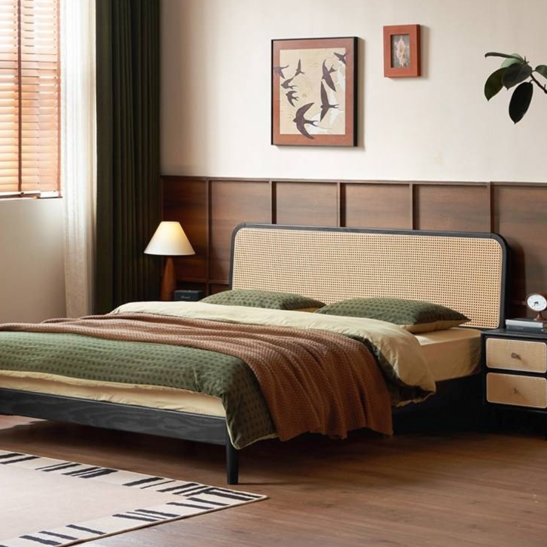 Oak Solid Wood Bed — Black Slab Rattan Vintage Style Bed