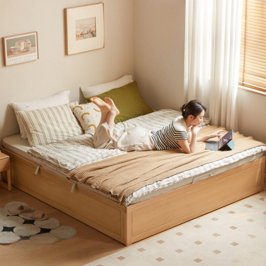 European Beech Solid Wood Platform Box Bed — Headboard-Free, Simple De