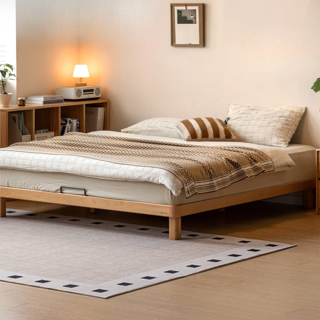 Beech, Rubberwood Solid Wood Platform Bed, Headboard-Free Bed with Fla