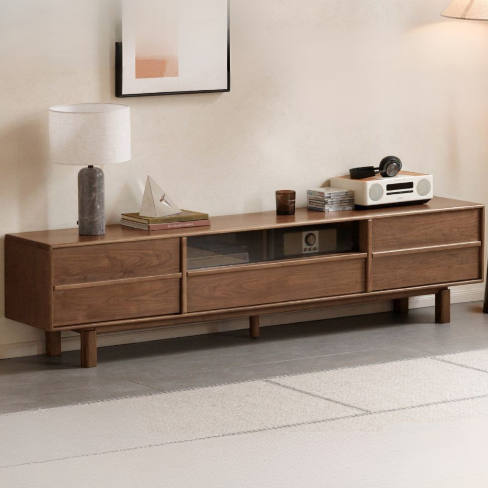 Black Walnut Solid Wood Luxury Style TV Cabinet with Slab Top and Stor