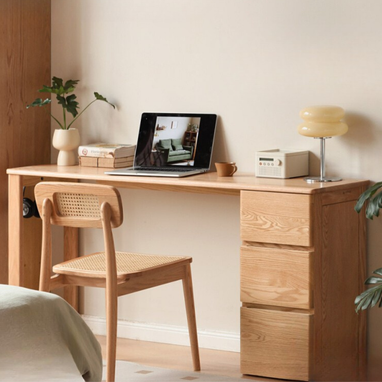 Oak solid wood desk with cabinet ultra-narrow long table home simple ...