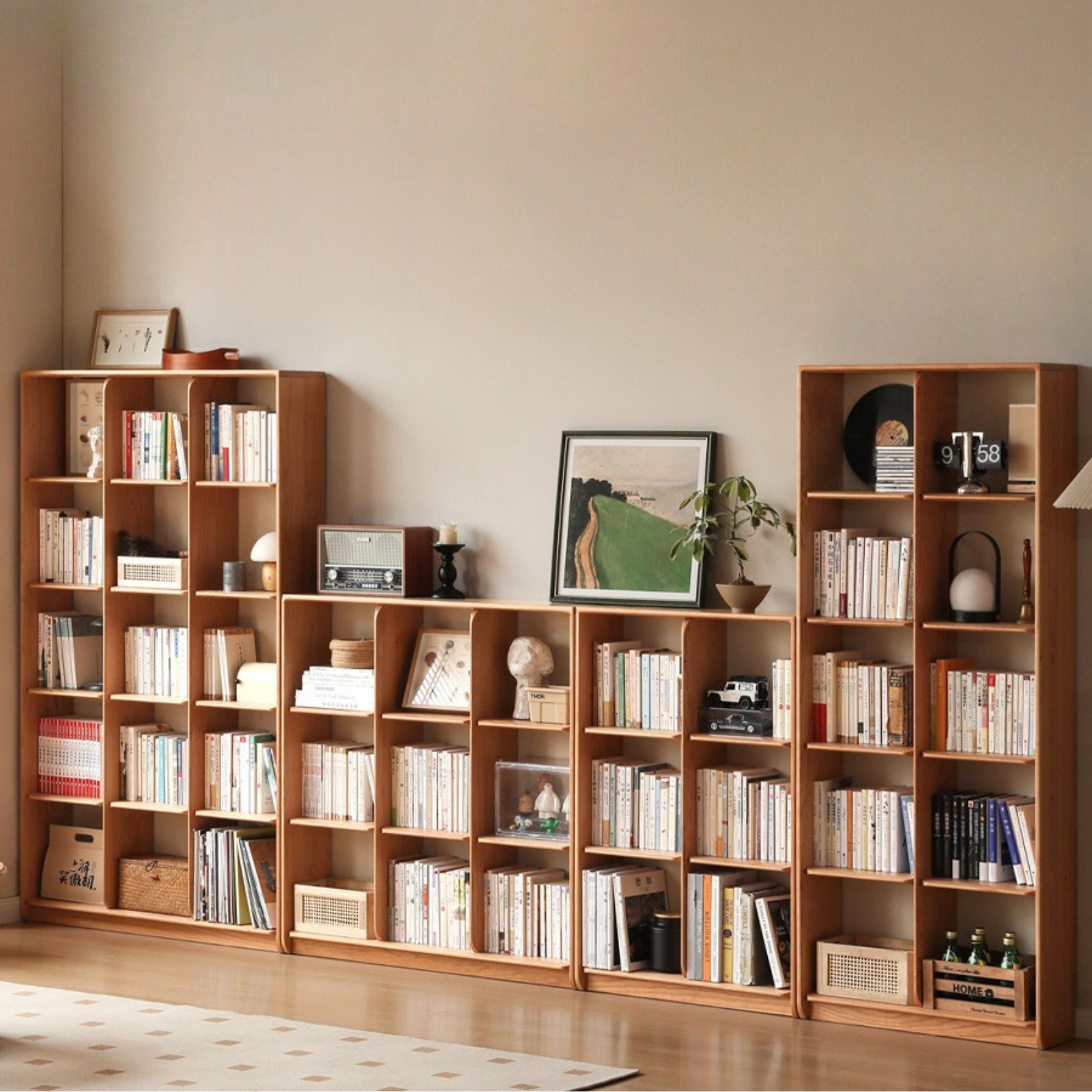 Cherry Solid Wood Freely Combinable Bookshelf with Floor-Standing Grid