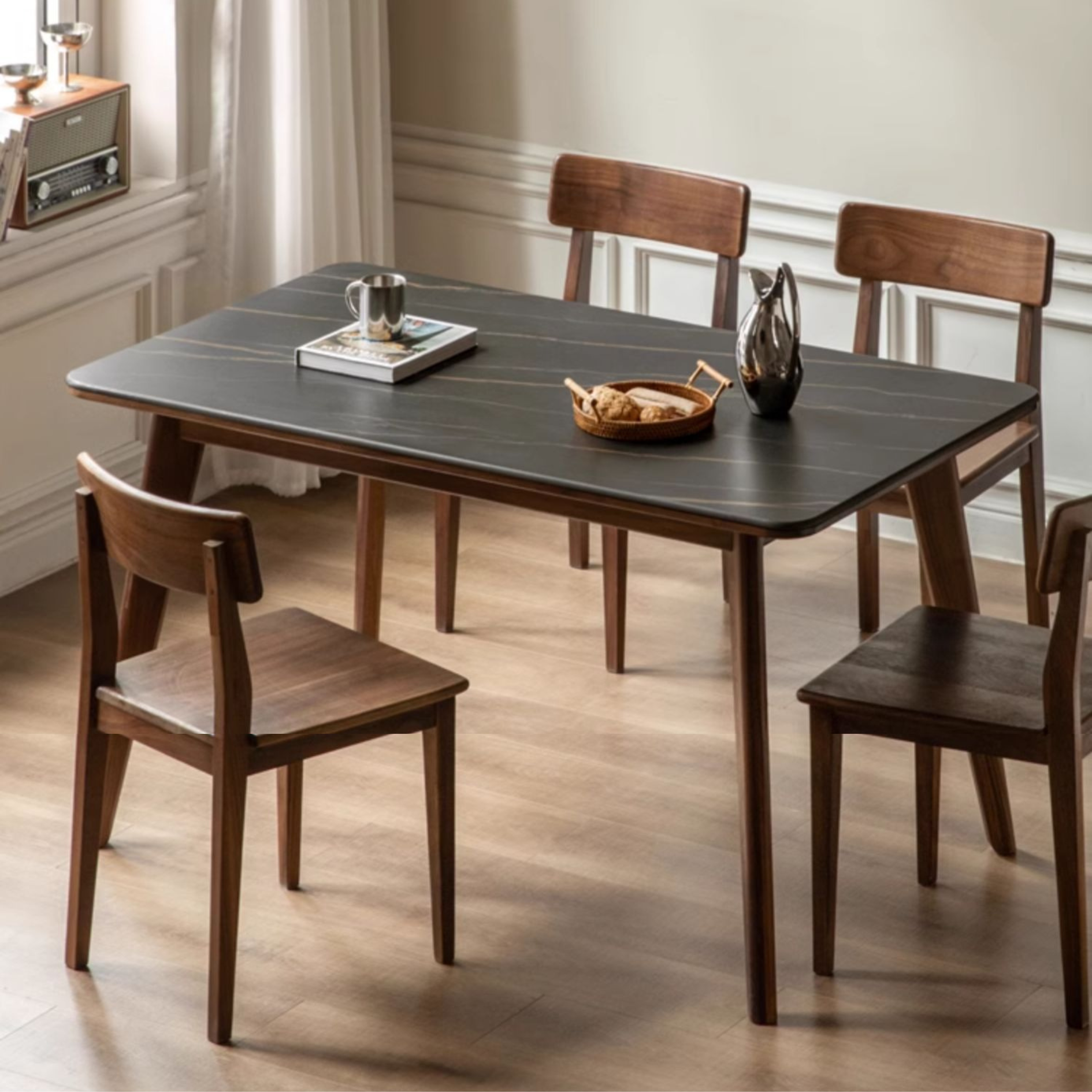 Nordic solid wood dining table small size black rock plate dining table ...