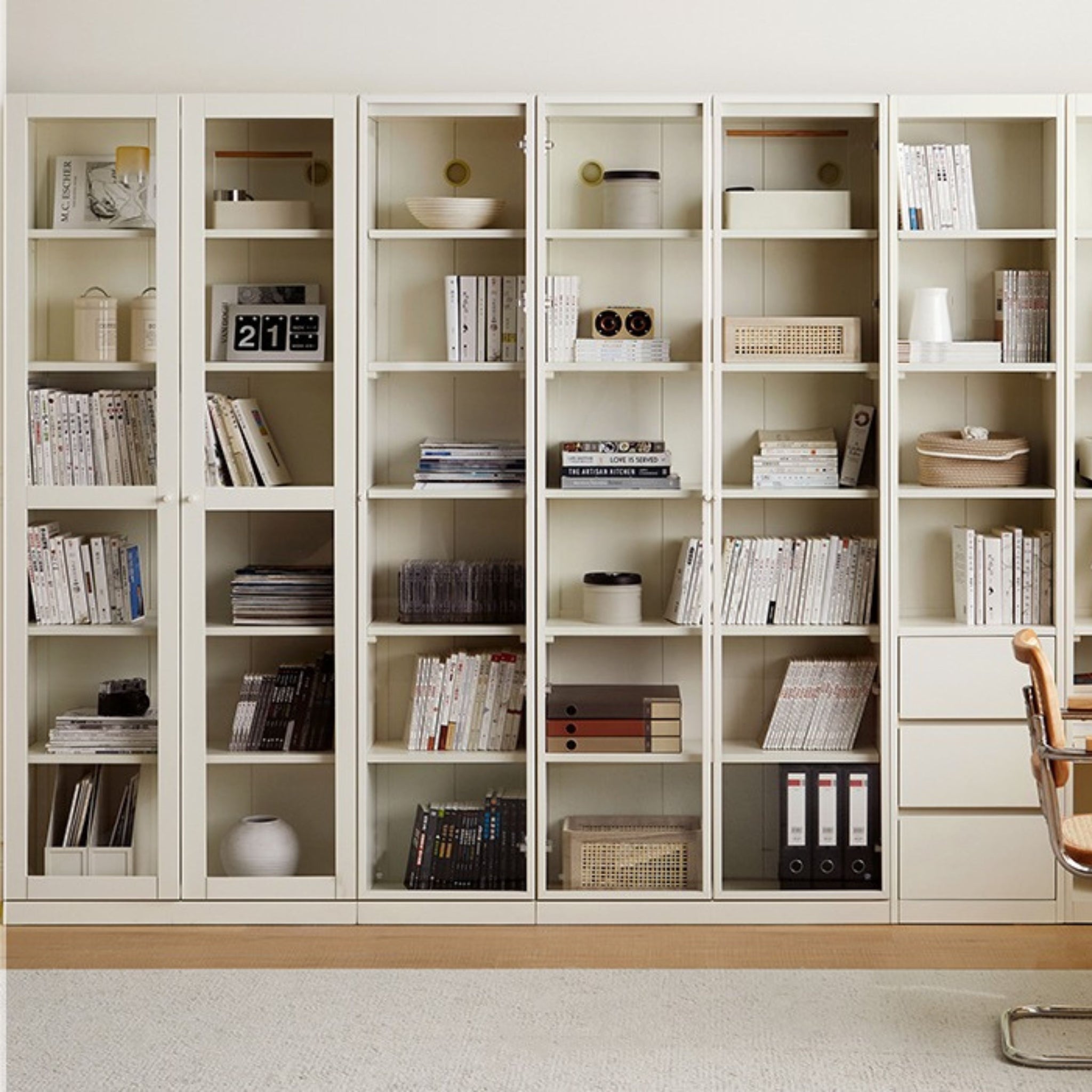 Solid wood bookcase cream style white combination bookshelf wall-to ...