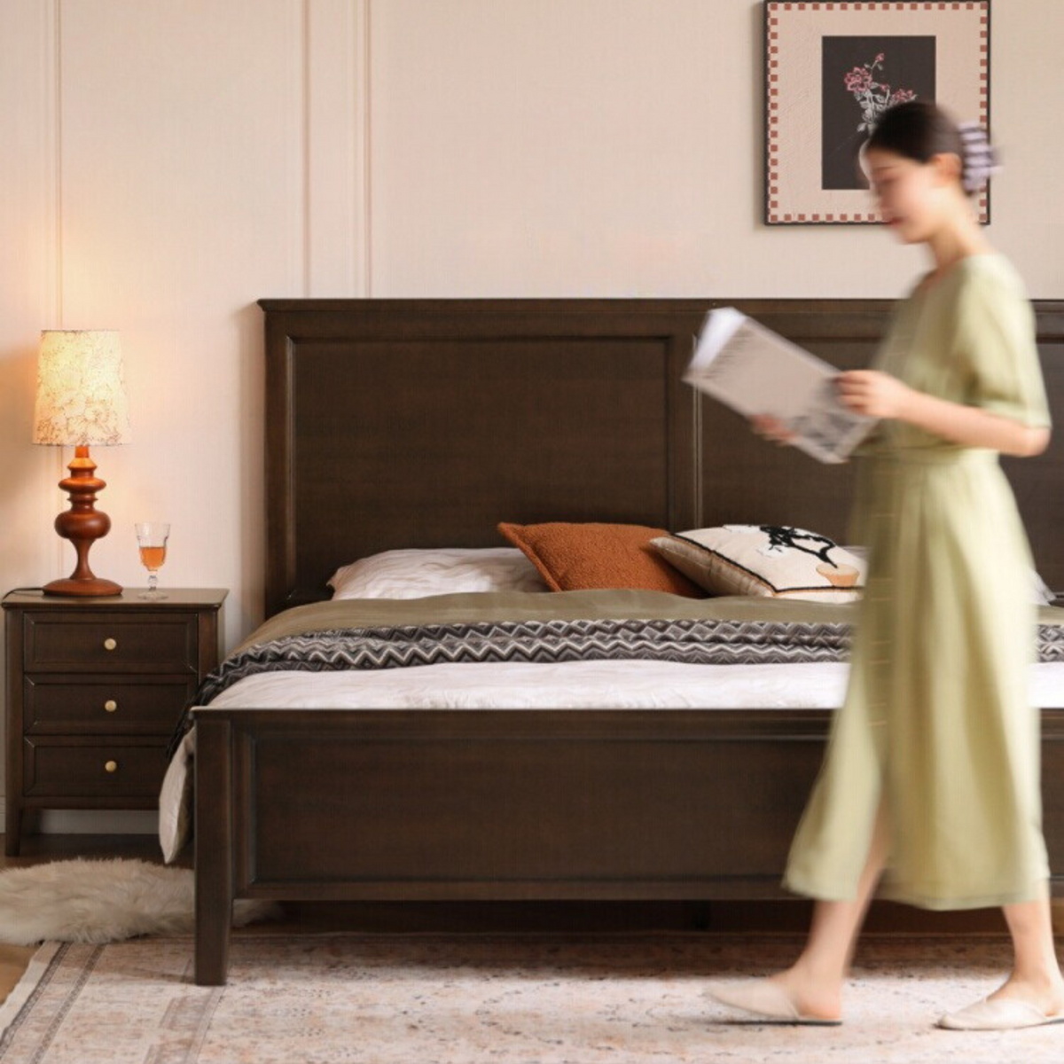 solid wood bed modern simple master bedroom double bed American retro ...