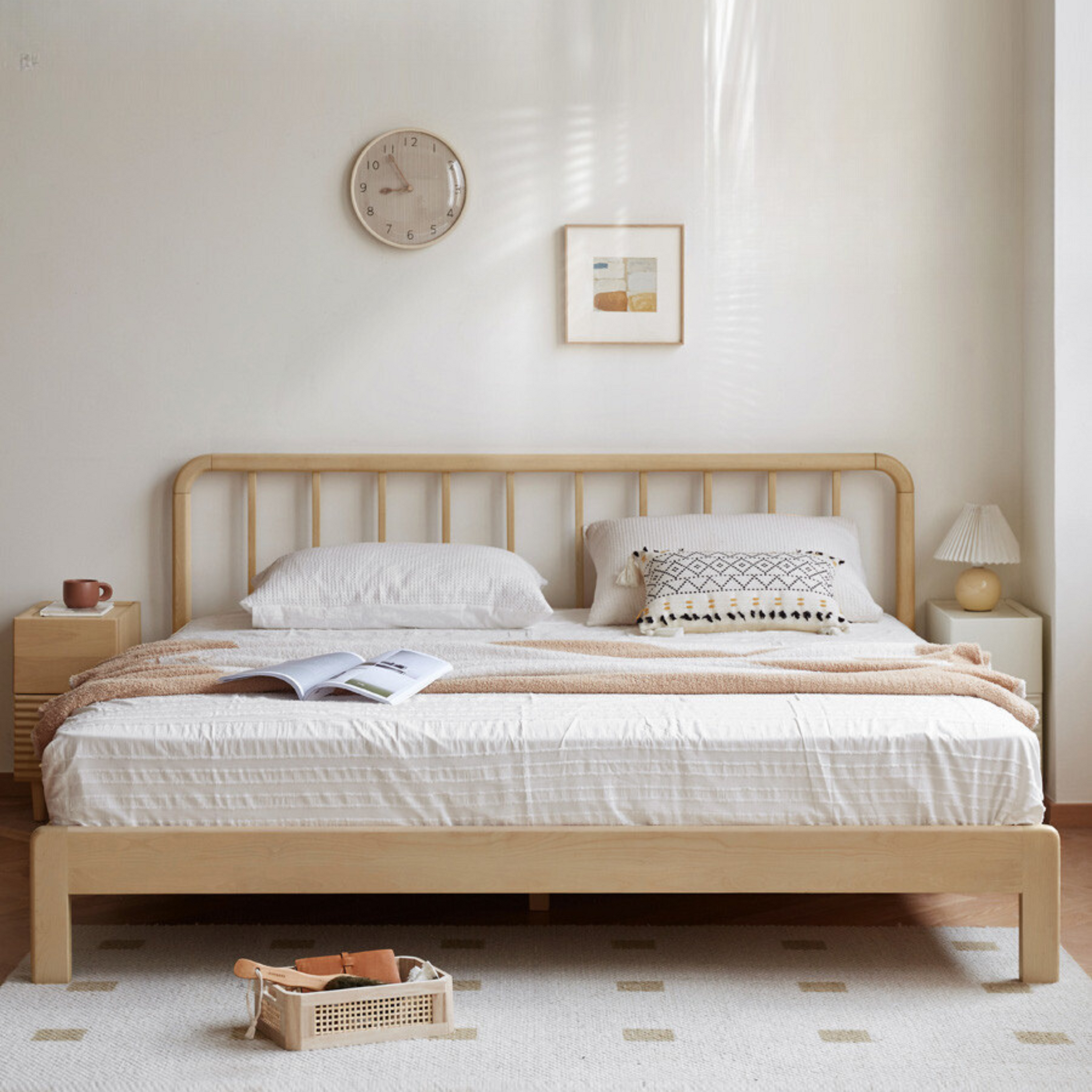 European Beech Solid Wood Bed Modern Simple Single Bed Nordic Bedroom ...