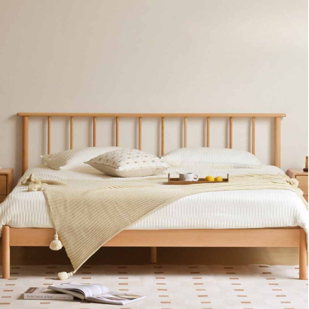 solid wood bed simple bedroom European beech wood single double bed ...