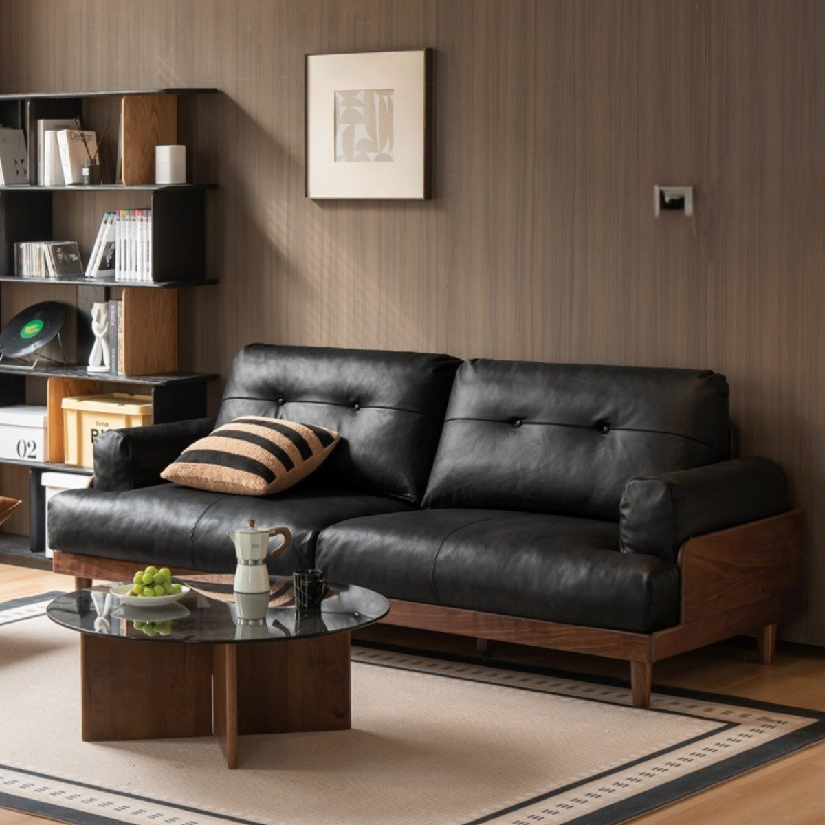 solid wood sofa living room modern simple straight sofa black walnut ...