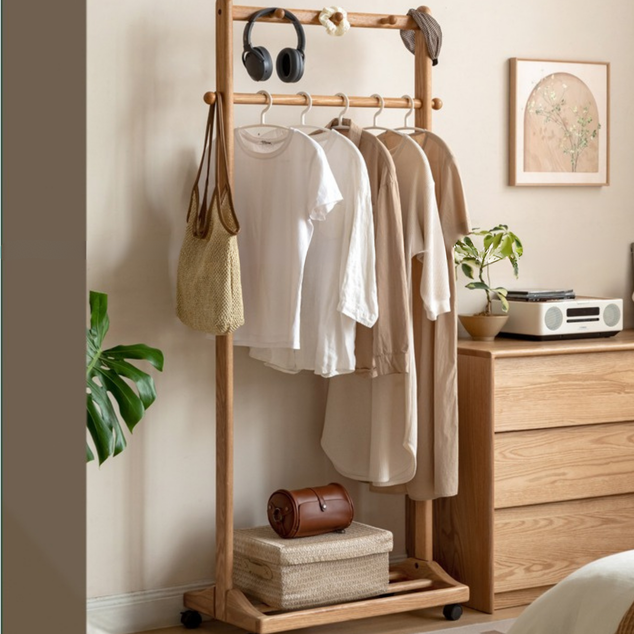 solid wood hanger simple bedroom coat rack oak movable hanger bedside ...