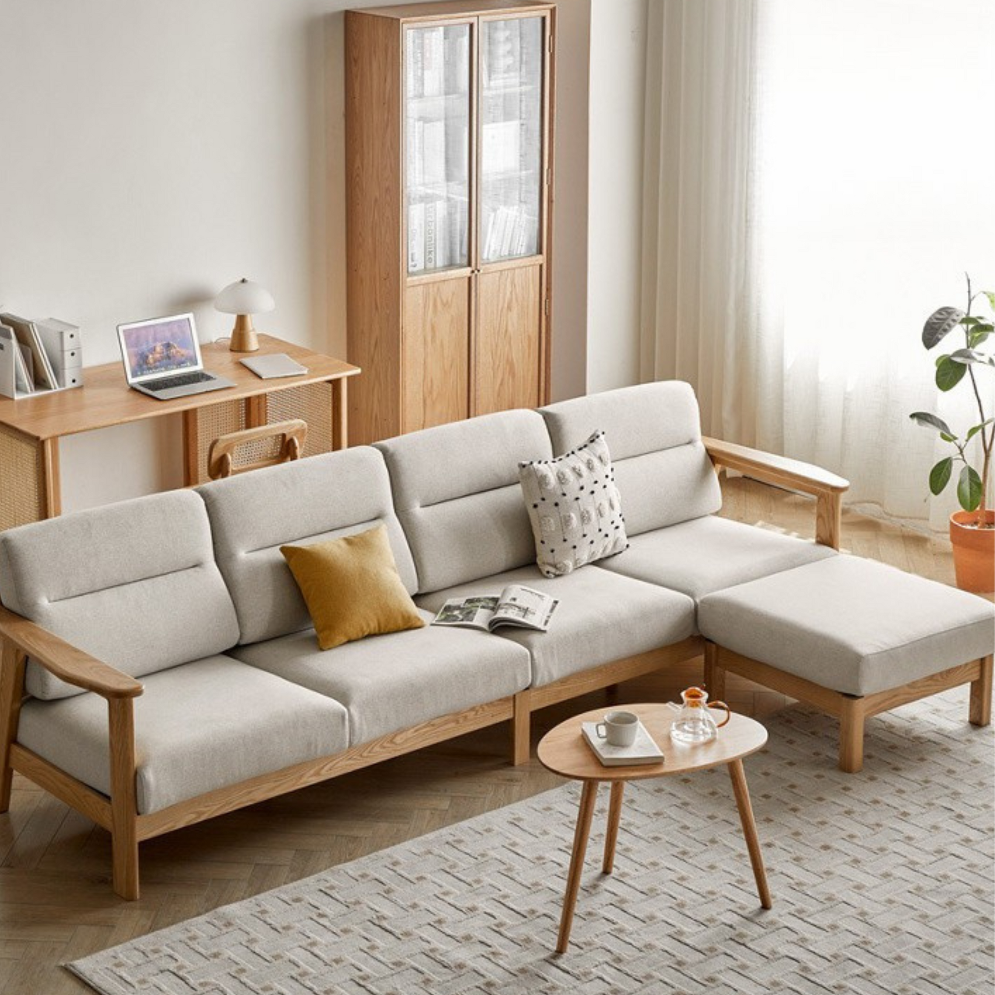 Solid Wood Sofa Modern Simple Living Room Fabric Corner Sofa Small ...