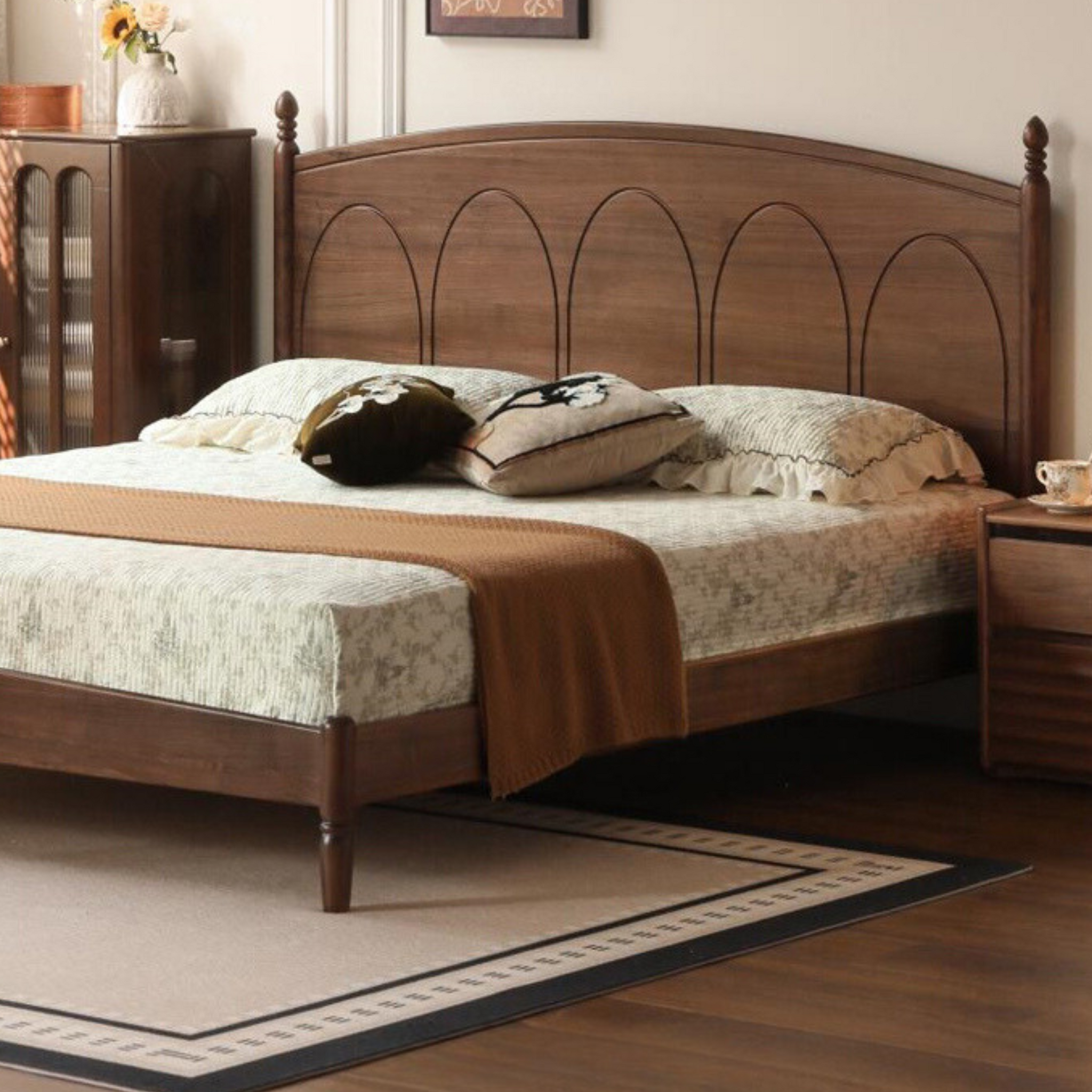 solid wood bed French double bed retro big bed home black walnut big ...