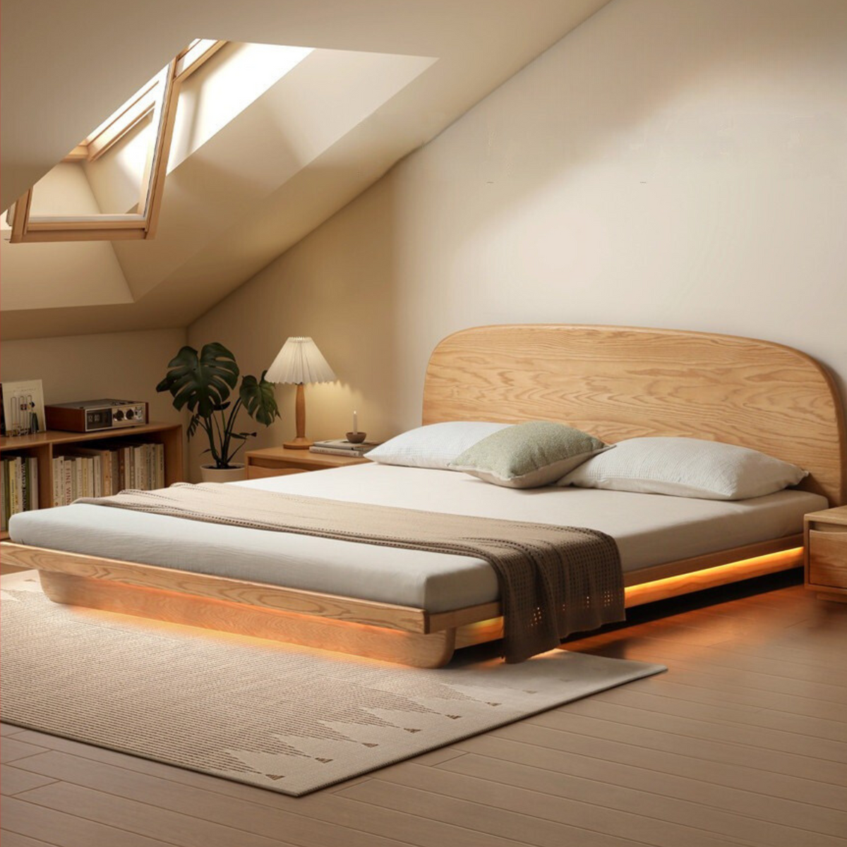 solid wood bed modern simple bedroom edge bed Japanese style oak low ...