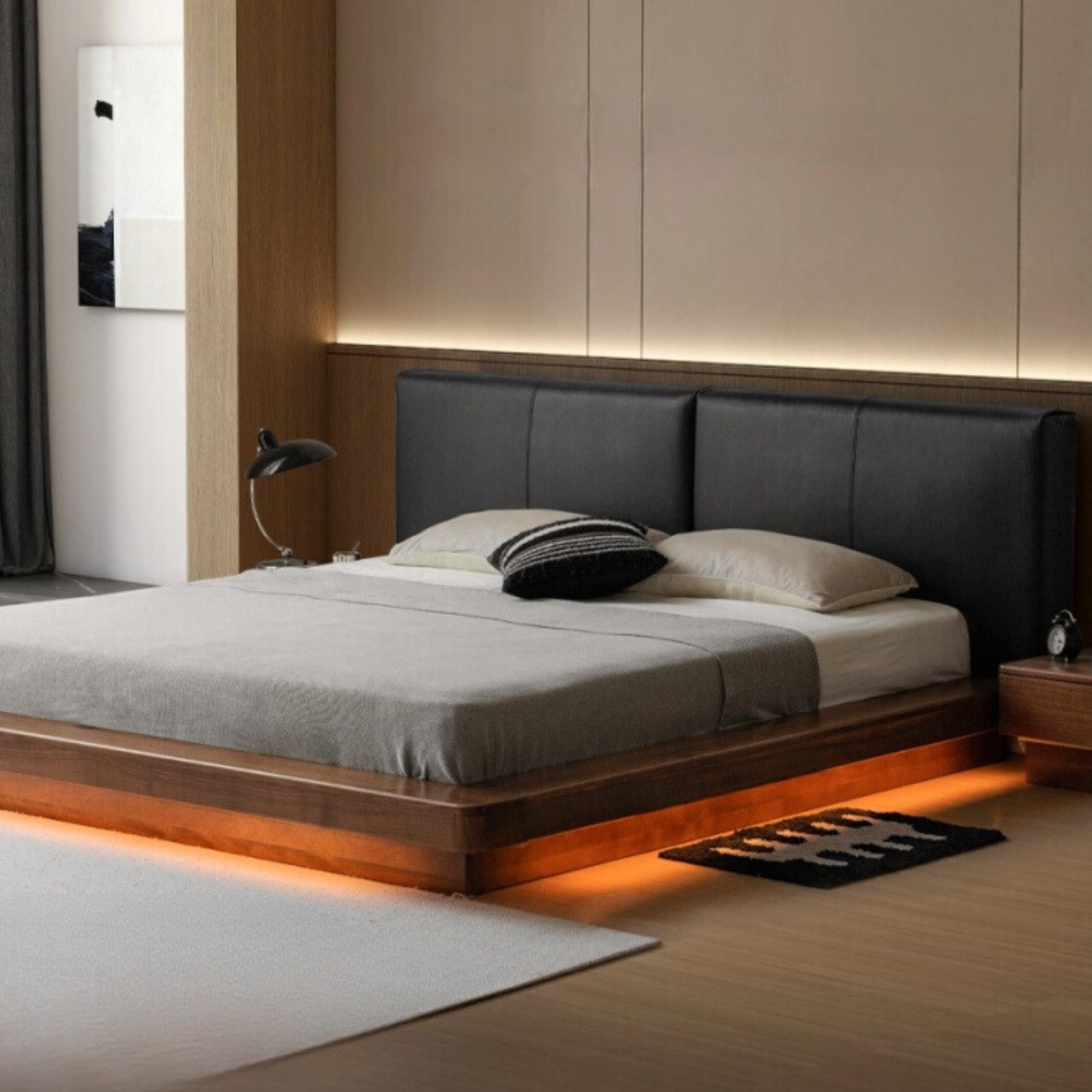solid wood bed simple leather soft double bed furniture bedroom black ...
