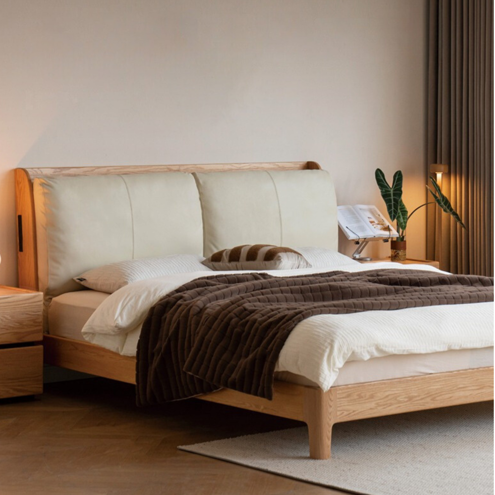 solid wood bed modern simple multifunctional soft bed leather soft back ...