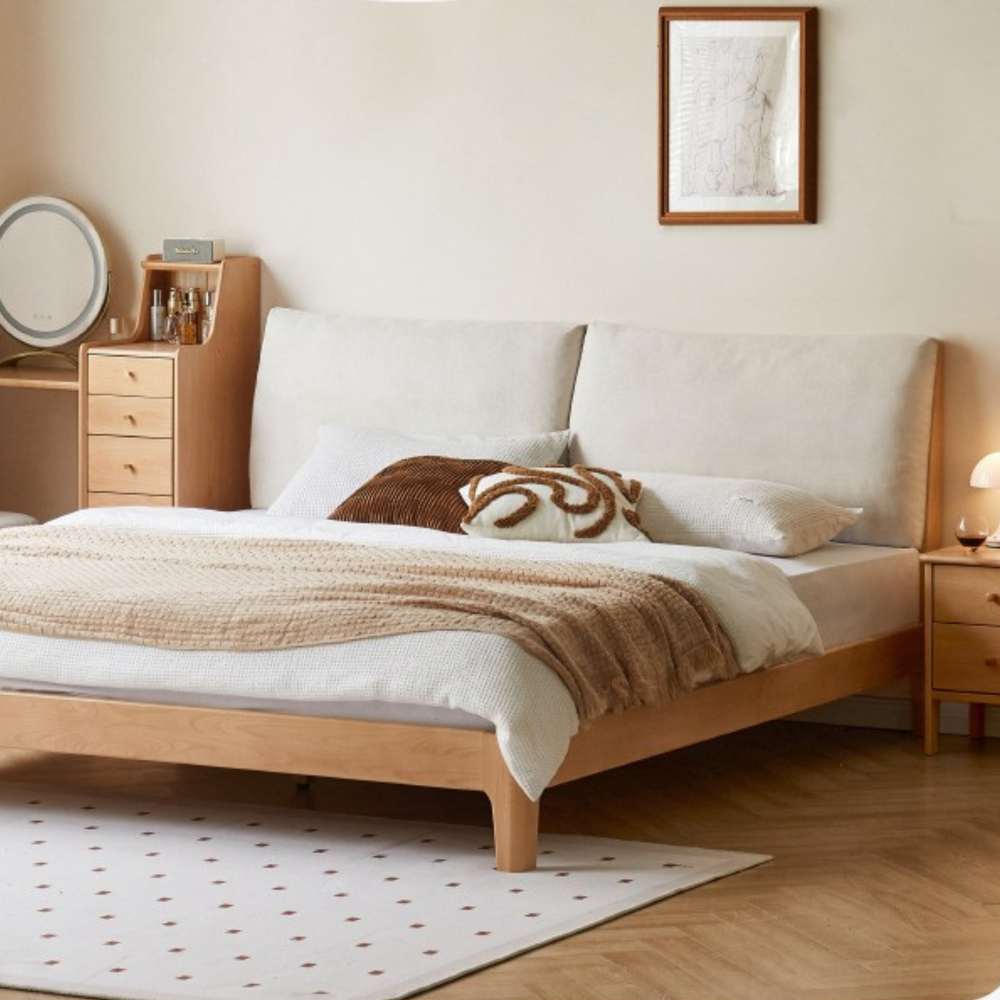 solid wood bed simple bedroom European beech soft pack large bed small ...
