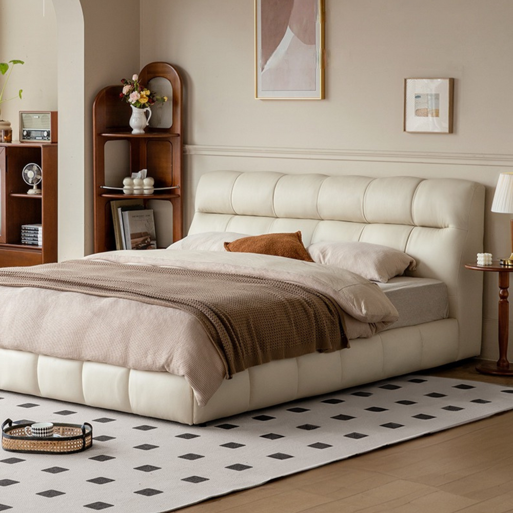 leather bed modern simple master bedroom bed cream wind cloud puff bed ...