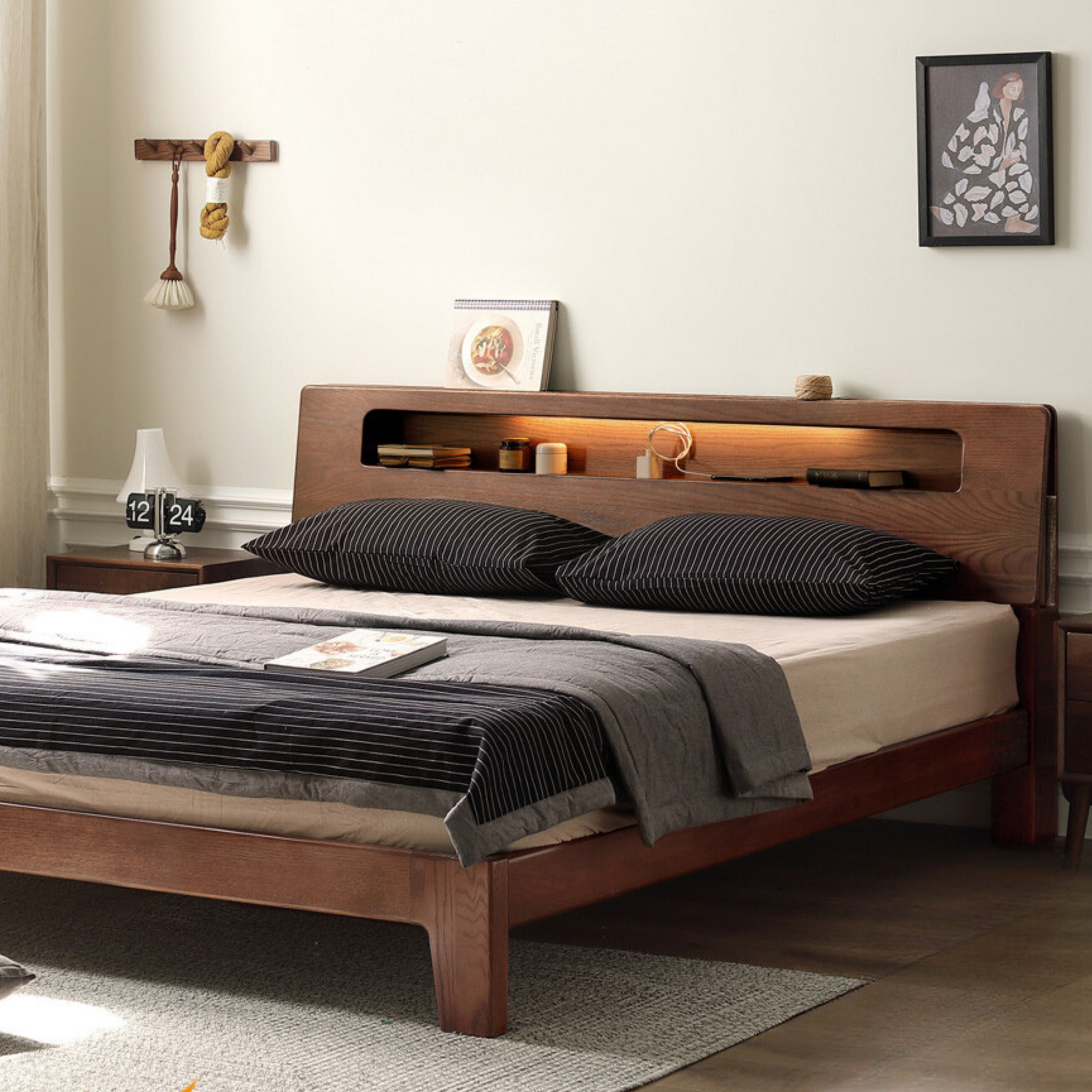 full solid wood bed modern minimalist oak bed Nordic style bedroom with ...