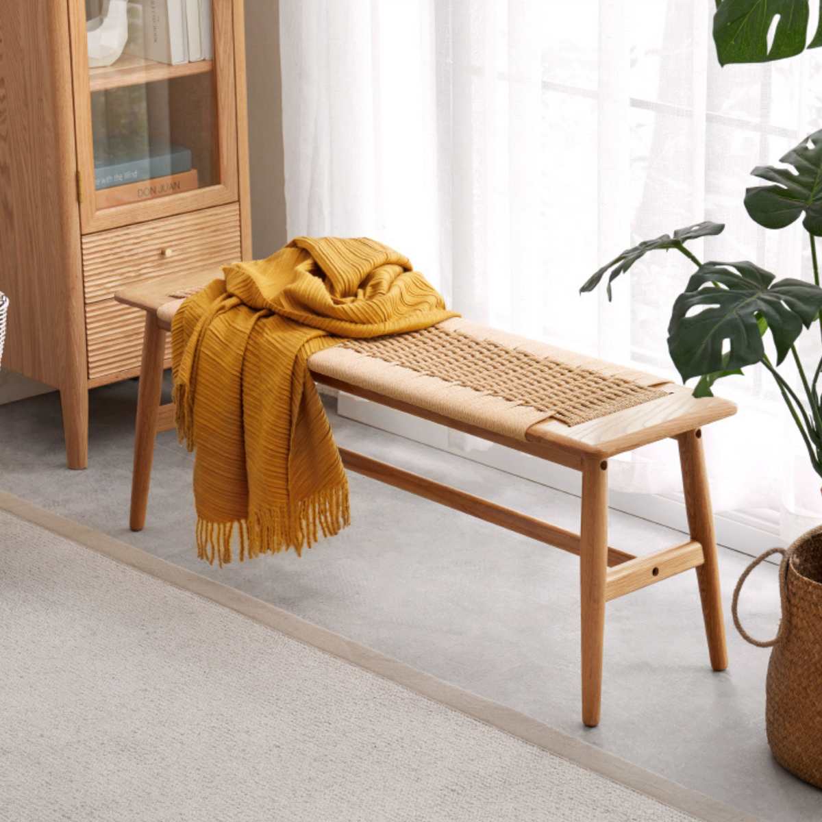 solid wood rope bench simple household bench Nordic modern restaurant ...