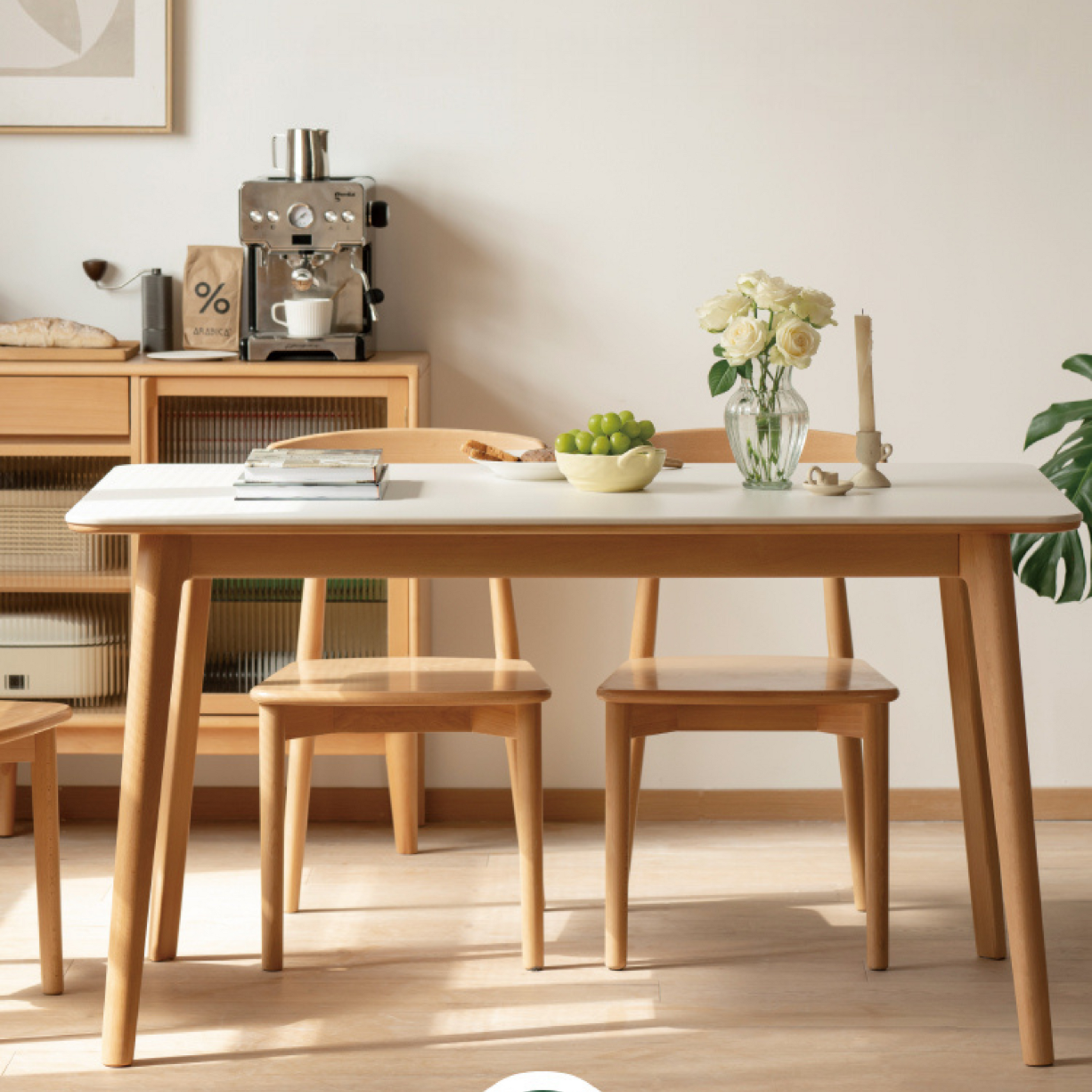 Beech, Rubberwood Solid Wood Dining Table With Rock Slab Surface