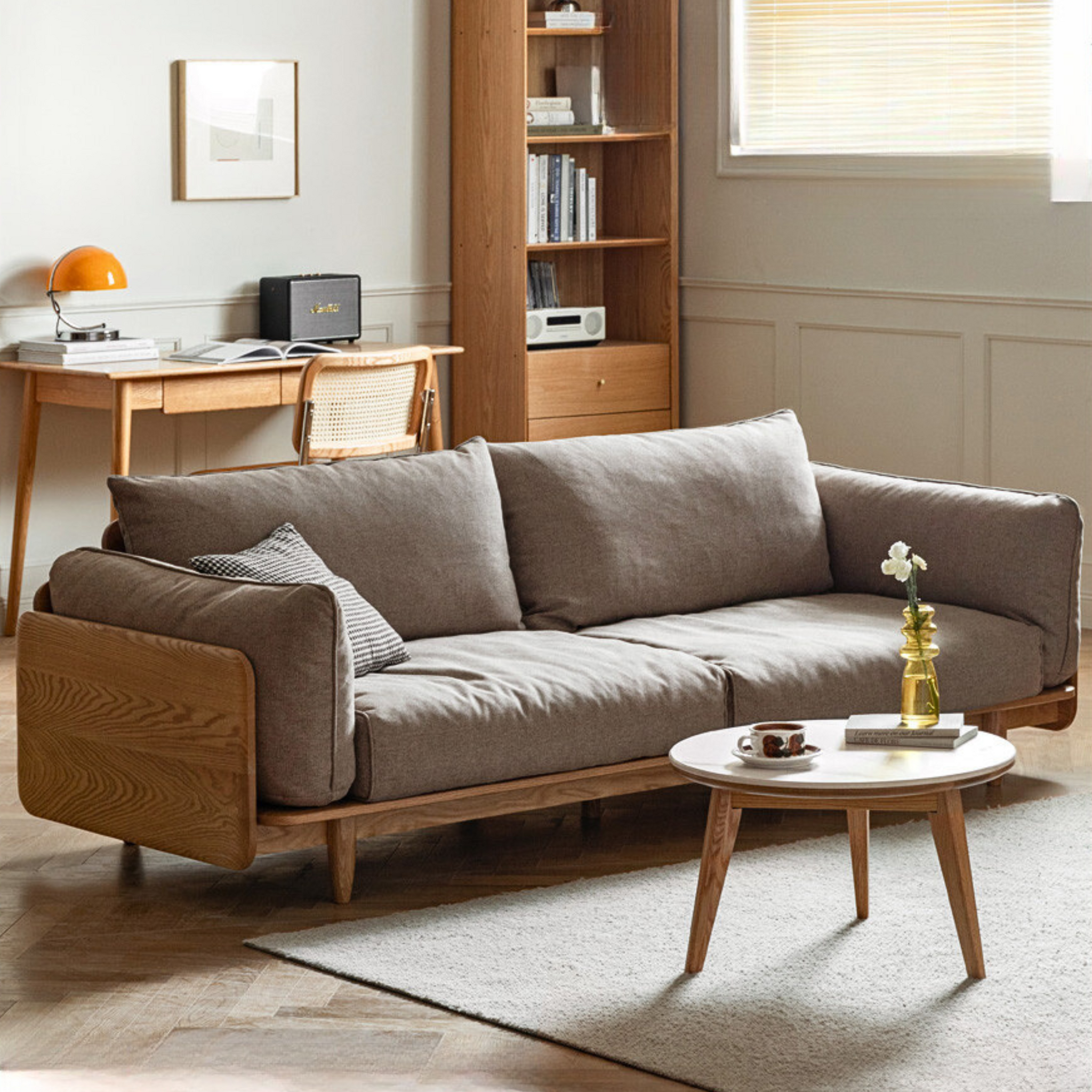 Oak Solid Wood Genuine Leather, Fabric Modern Lounge Sofa-