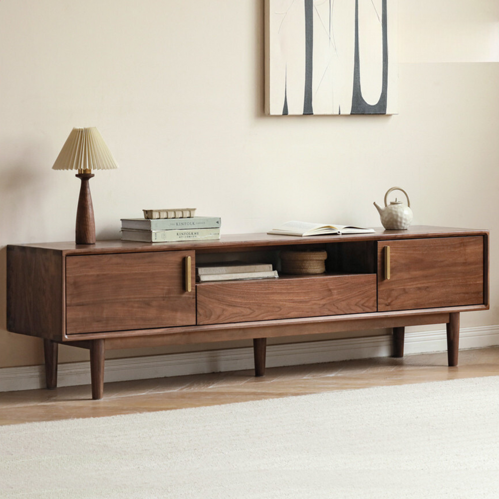 solid wood TV cabinet black walnut living room simple slate floor cabinet Nordic small apartment ...