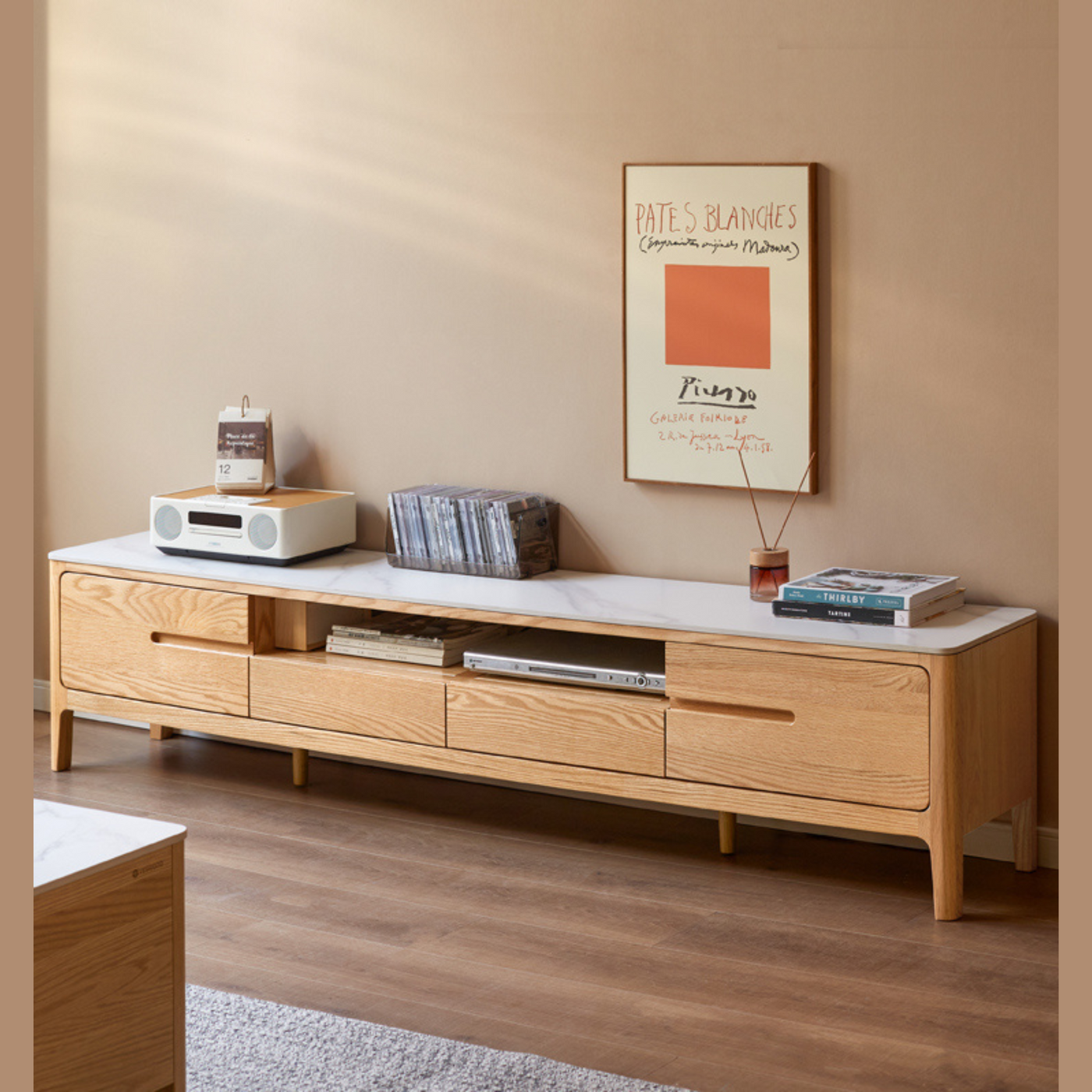 Solid Rubberwood, Oak Solid Wood TV Stand Slate Top.